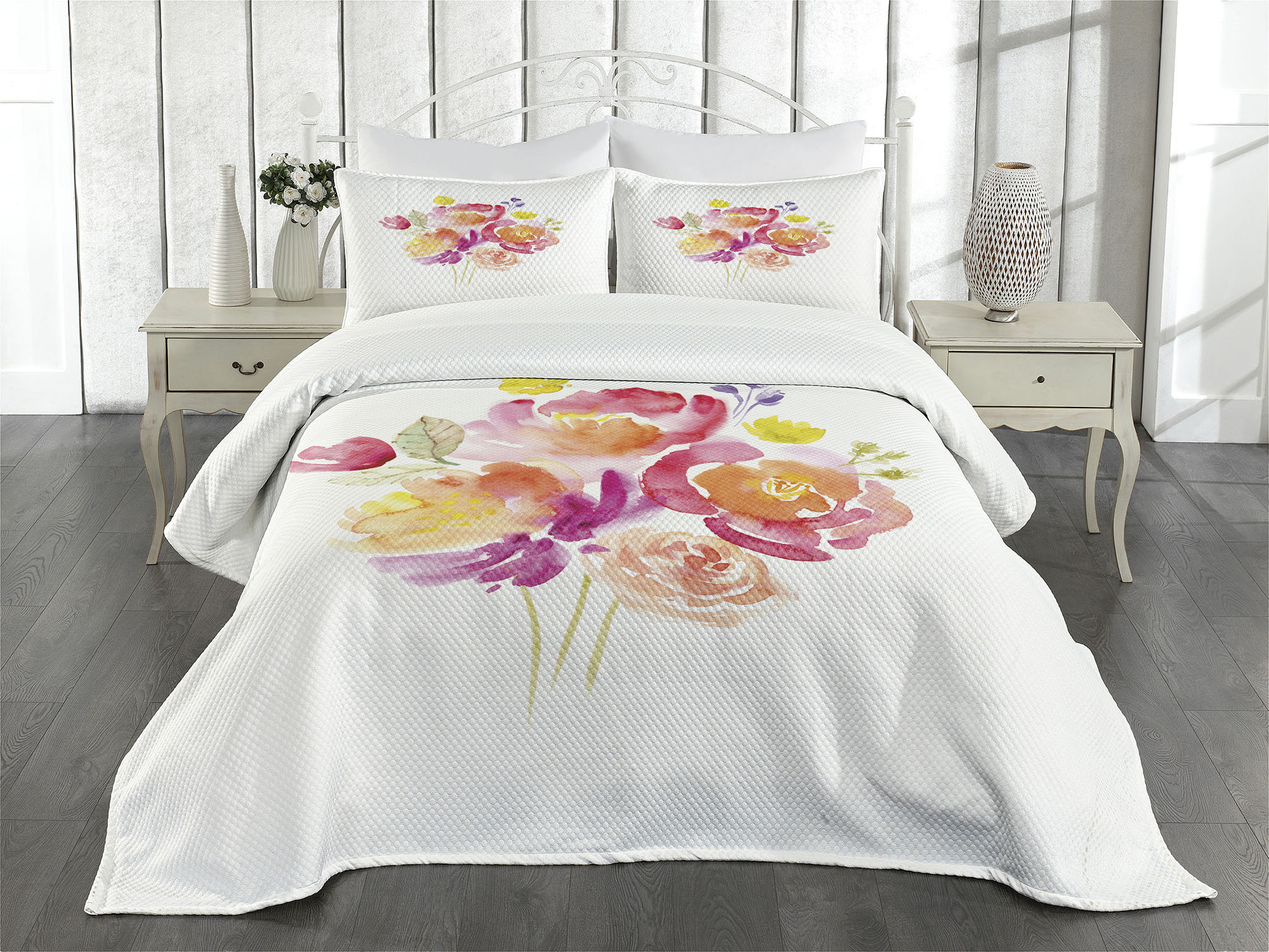 Ambesonne Pastel Bedspread Set Watercolor Rose Bouquet Multicolor | Wayfair