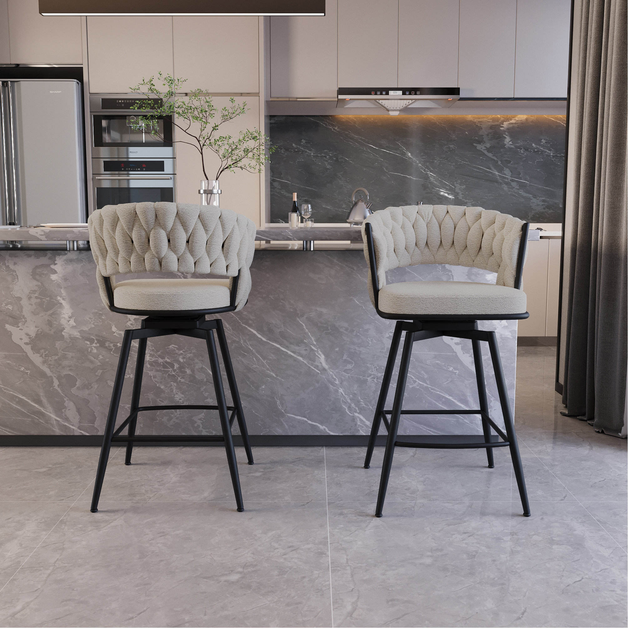 George Oliver Bar Chair Linen Woven Bar Stool Set Of 2, Black Legs ...