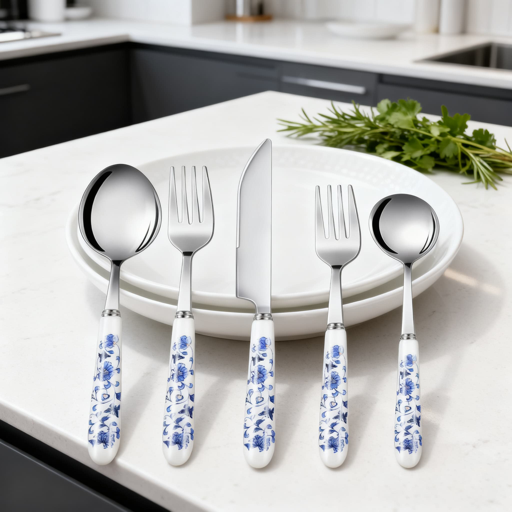 Lark Manor Chinoiserie Blue And White Porcelain Silverware Set, 10 ...