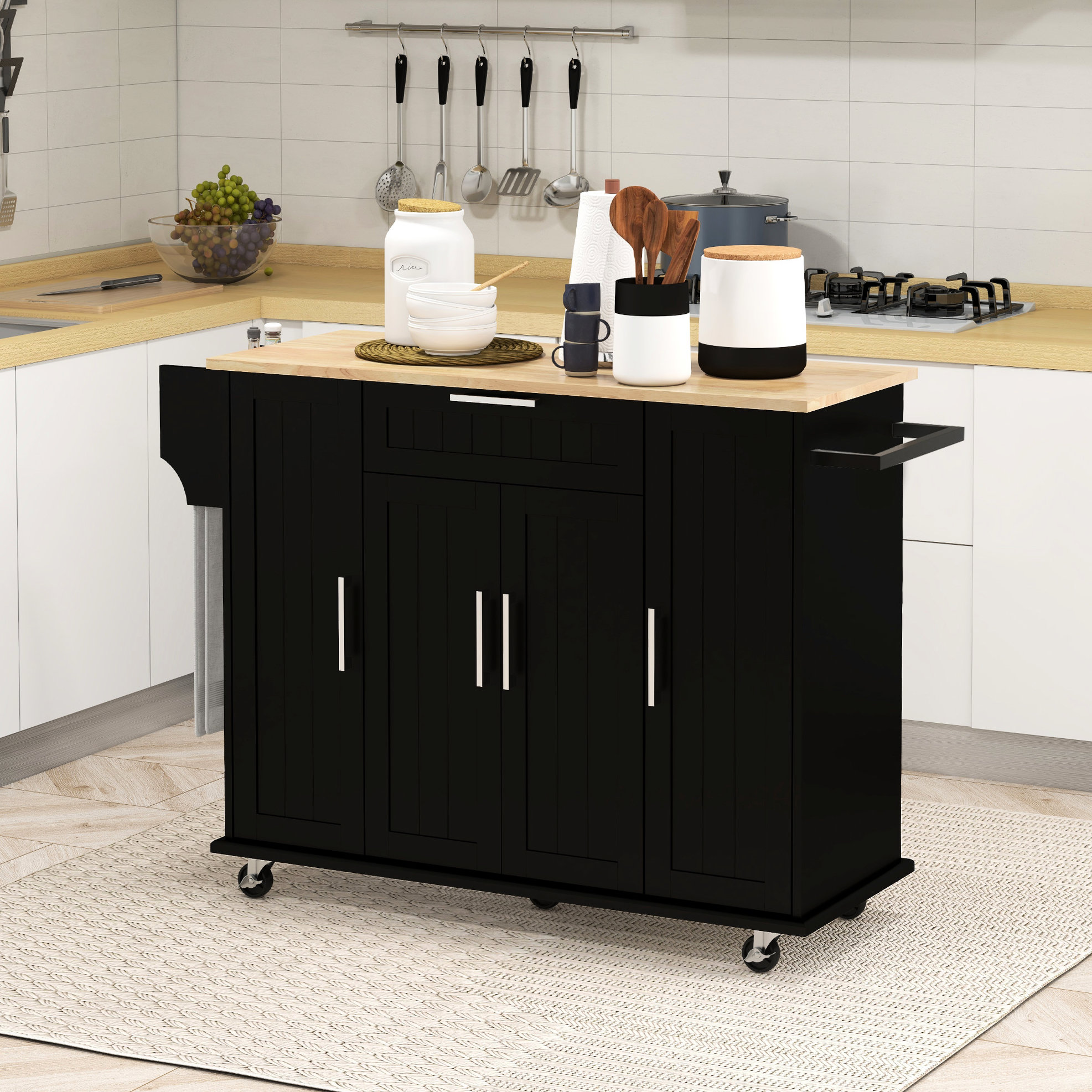 Latitude Run® Black Portable Kitchen Cart With Elegant Rubberwood Top ...