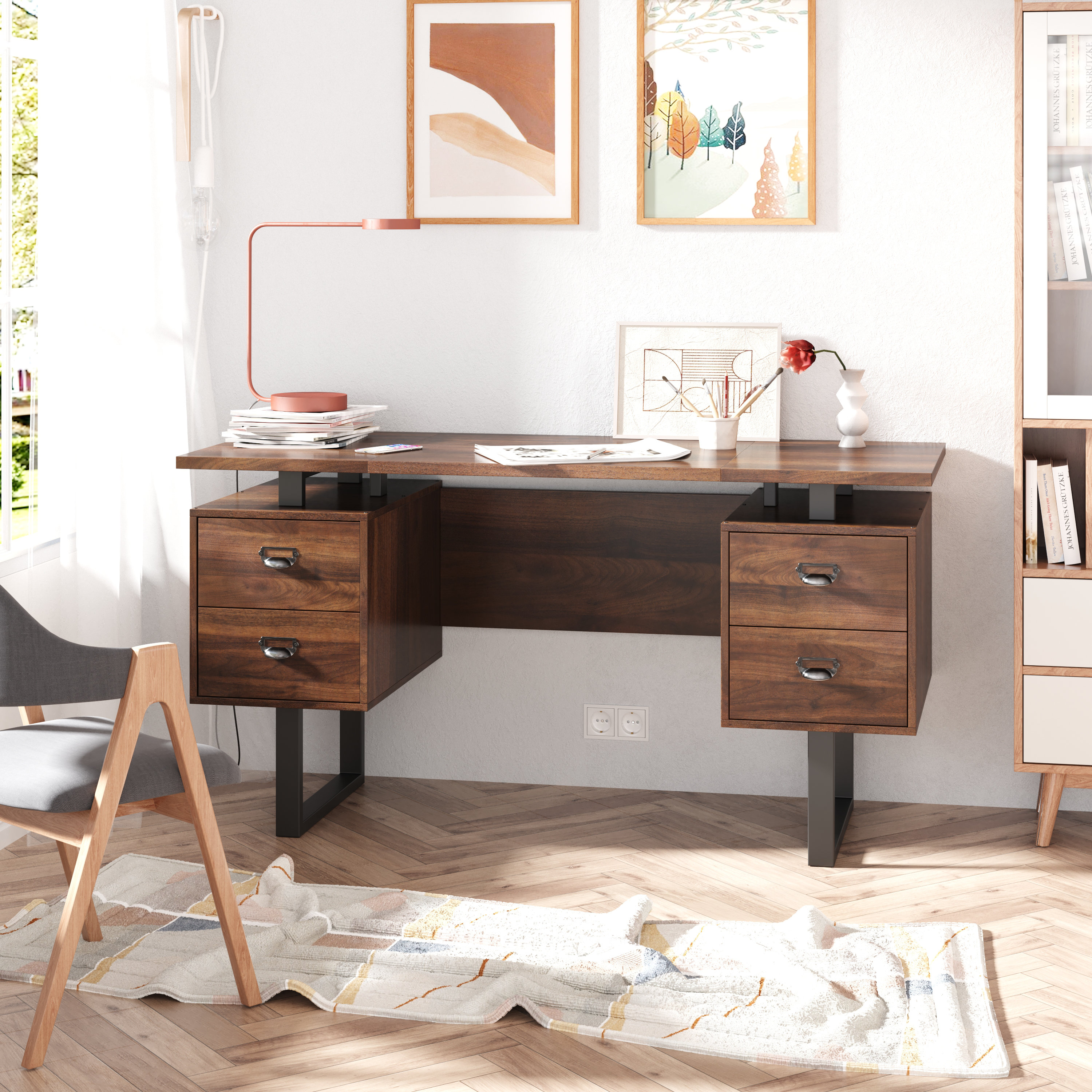 Millwood Pines Home Office Computer Desk With Drawers/59 Inch Writing ...