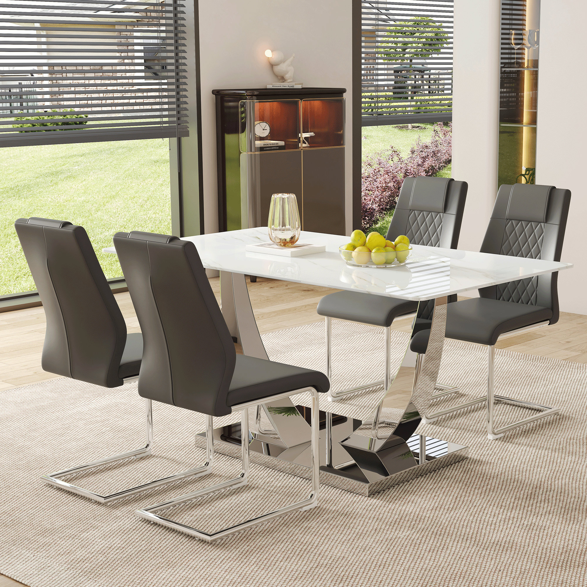 Ivy Bronx Modern Rectangular Glass Dining Table Set With Pu Chairs ...