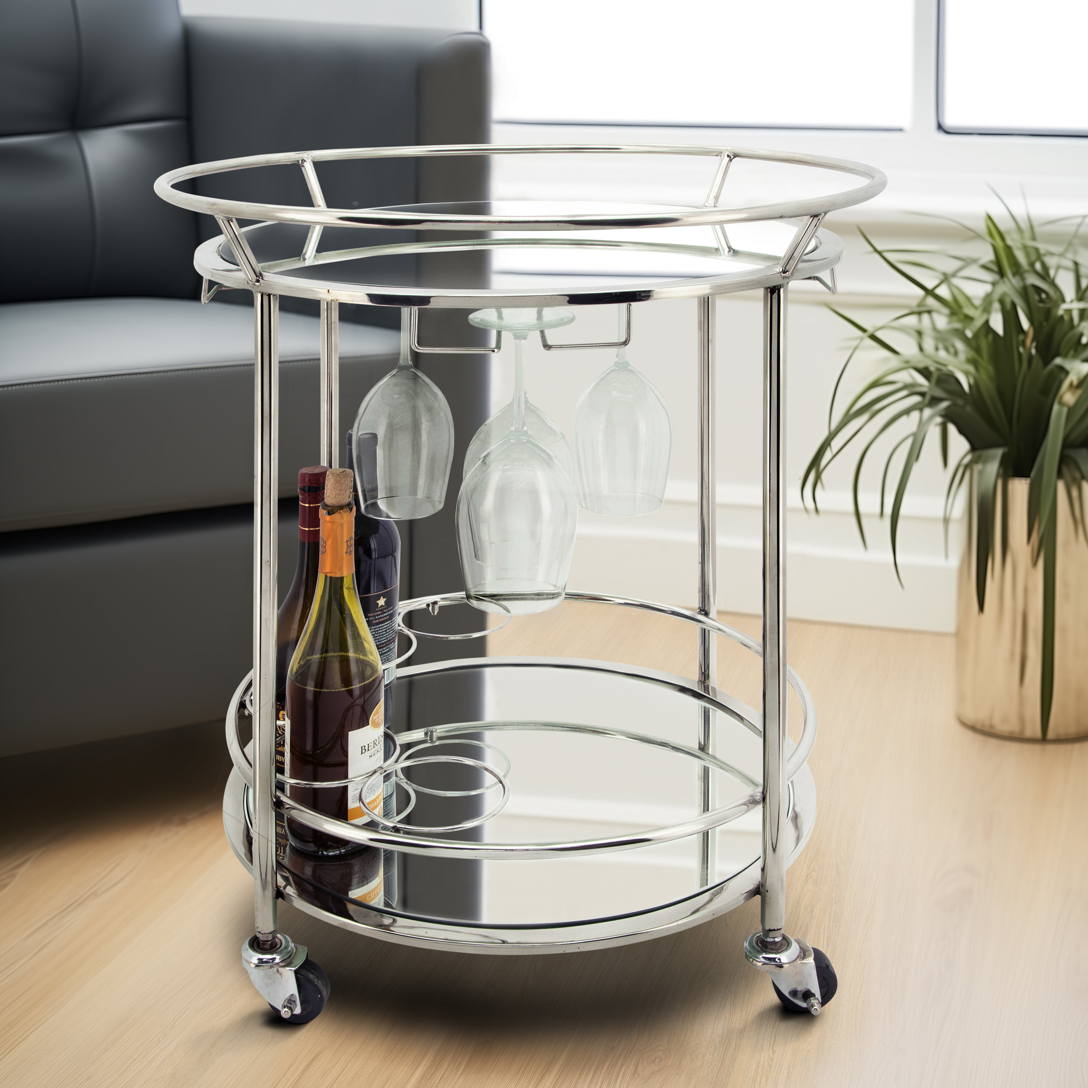 Orren Ellis Two Tier 27"H Round Rolling Bar Cart, Round - 24" x 24" x ...