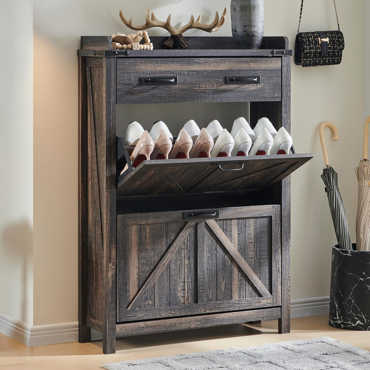 Gracie Oaks 24 Pair Shoe Storage Cabinet Entryway Shoe Organizer With ...