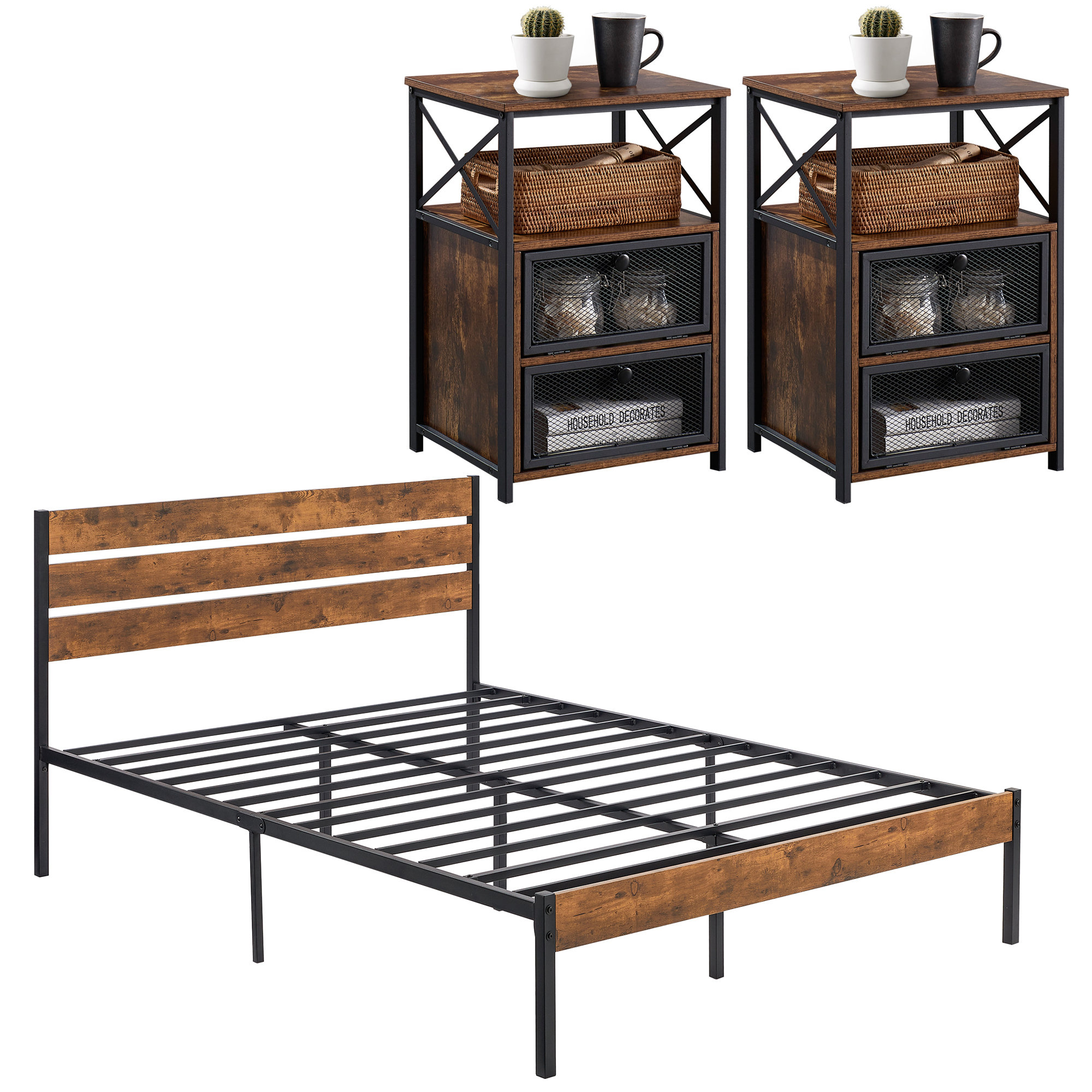 17 Stories 3 Piece Bedroom Set Wood Bed Frame And Nightstand Set ...