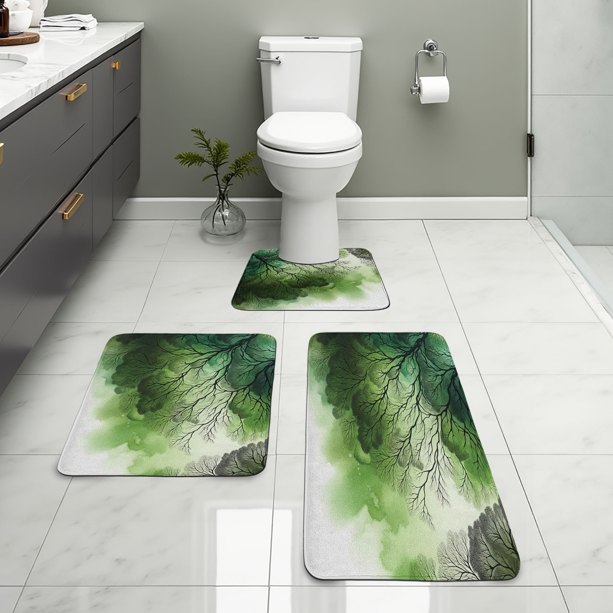 East Urban Home Dark Green Bathroom Rug Set 3 Pieces U-Shape ...
