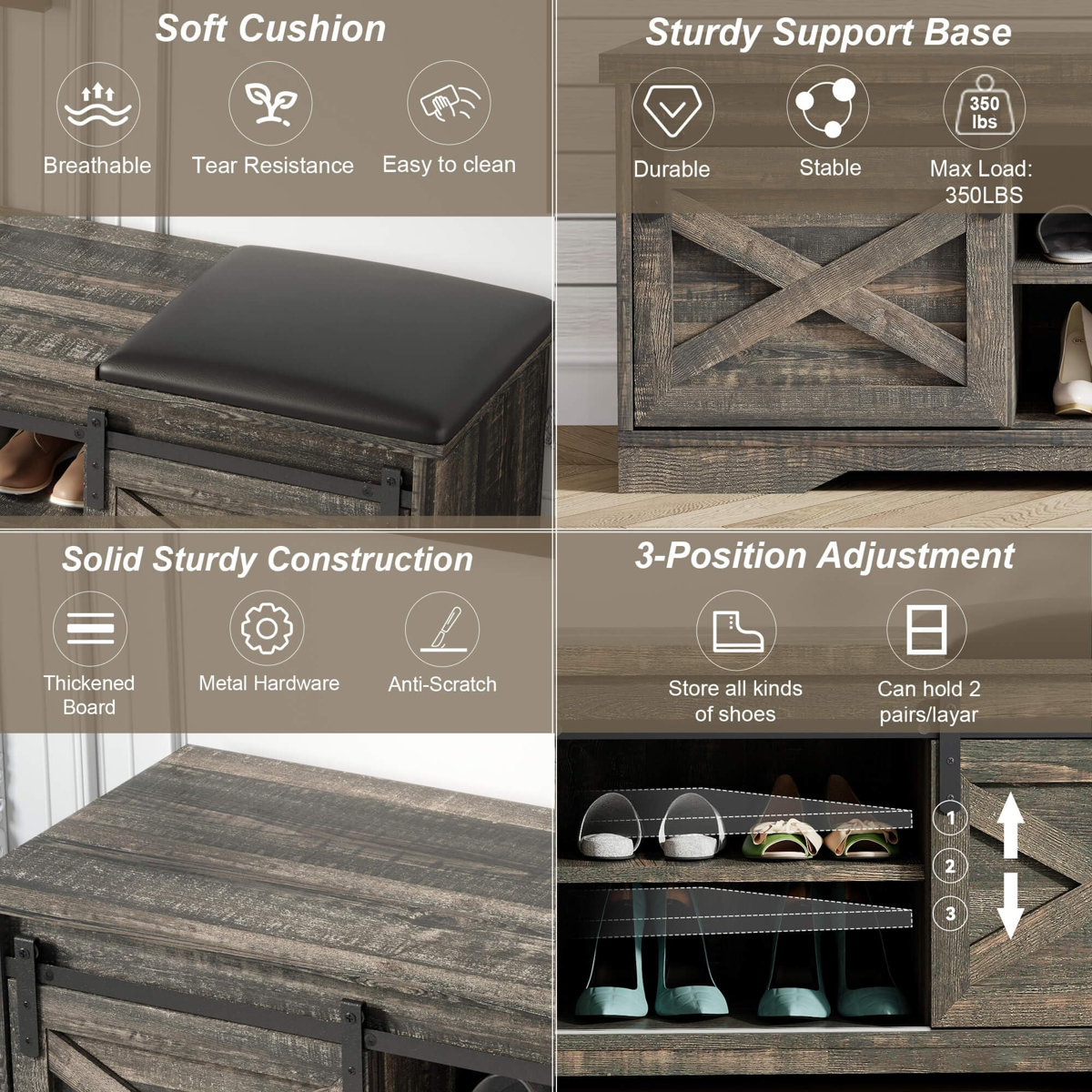 Gracie Oaks 47" Farmhouse Storage Bench With 2 Sliding Barn Doors, Wood ...