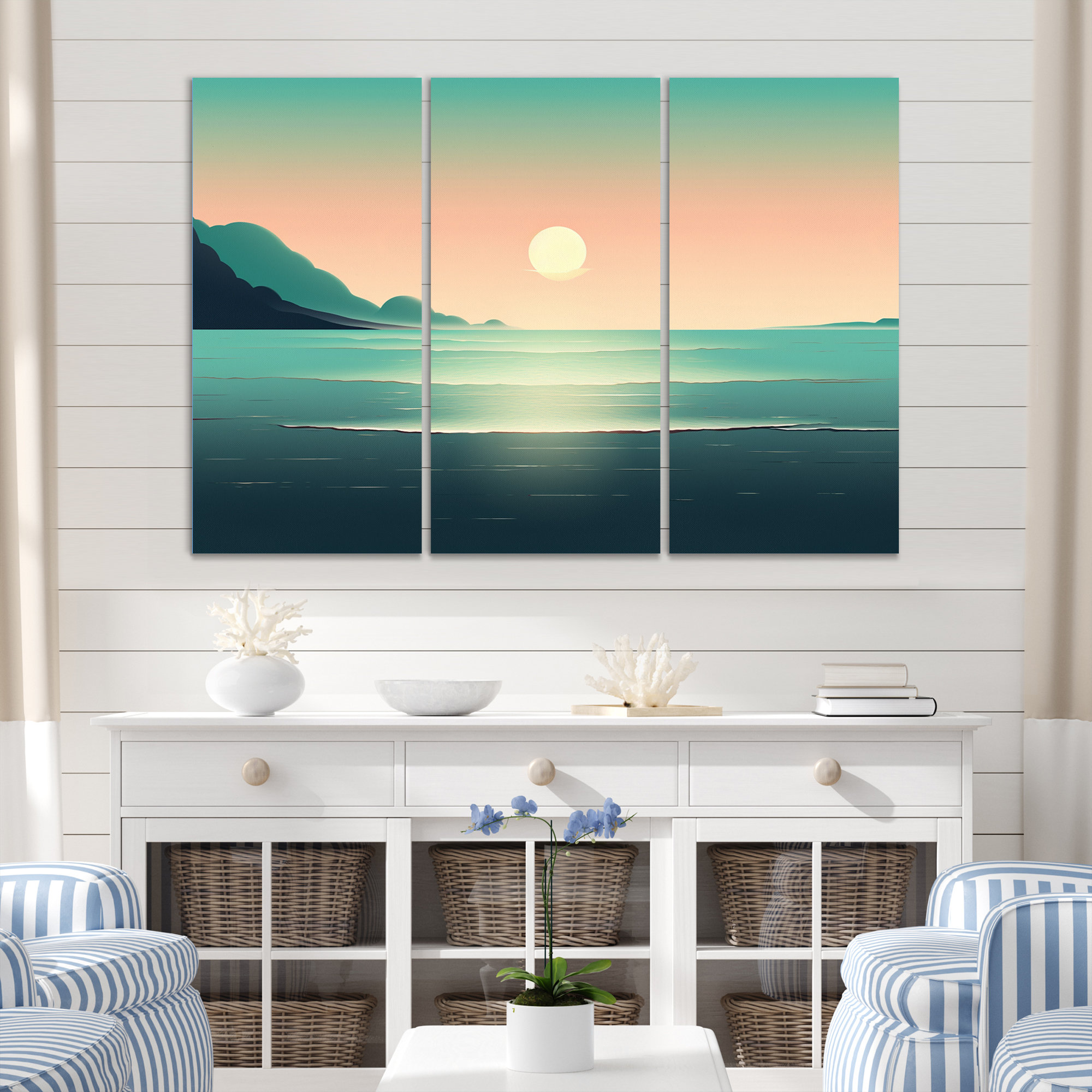 Design Art Full Moon Rising Ocean Minimalism In Retro Blue - Beach ...