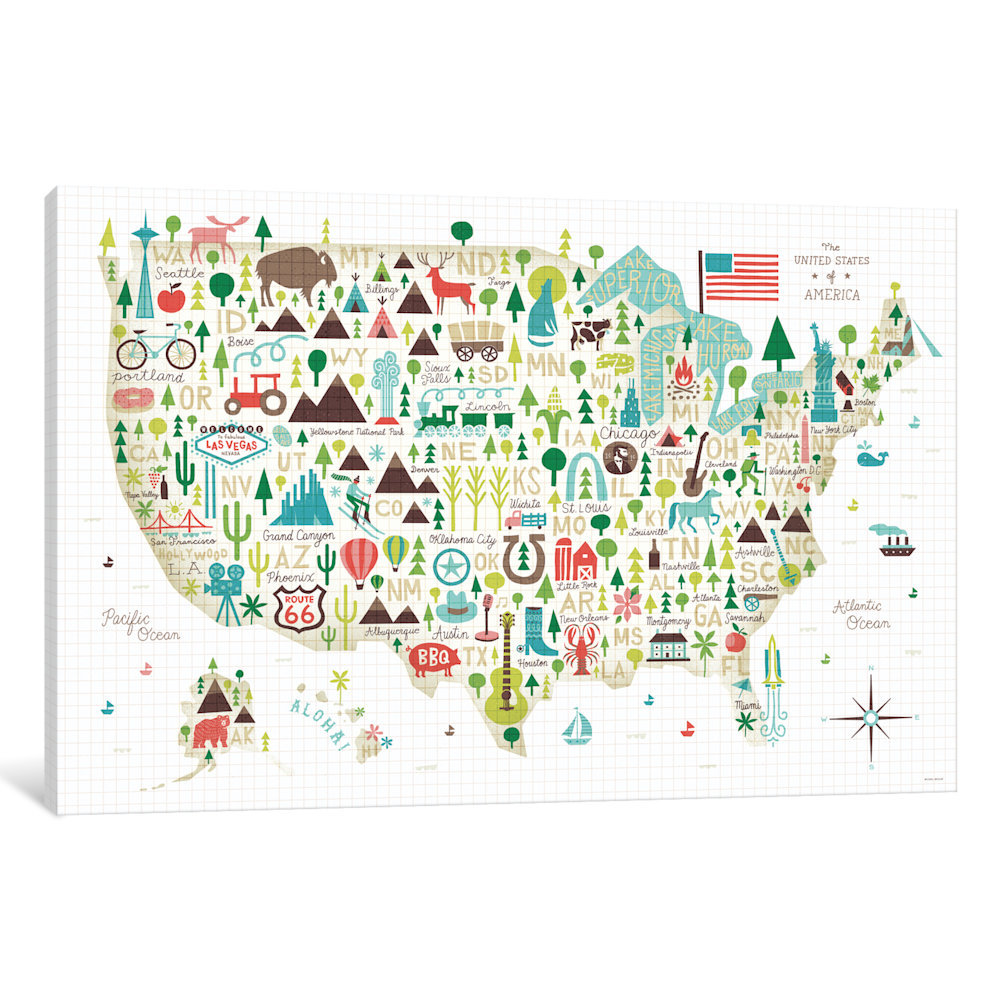 East Urban Home Illustrated USA Map Graphic Art on Wrapped Canvas | Wayfair