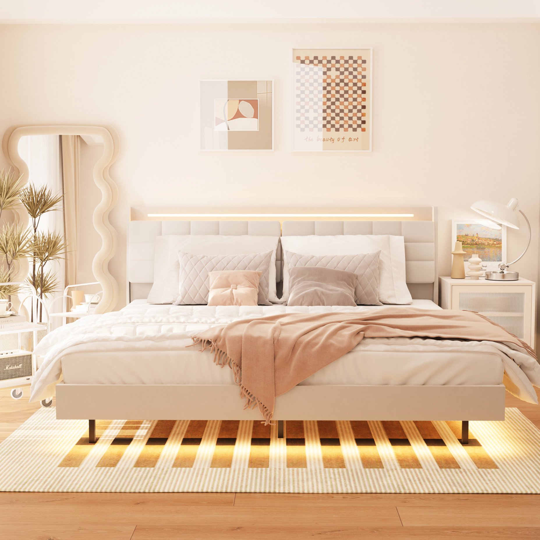 Wrought Studio™ Beige Queen Bed Frame With Led, Hidden Storage Space ...