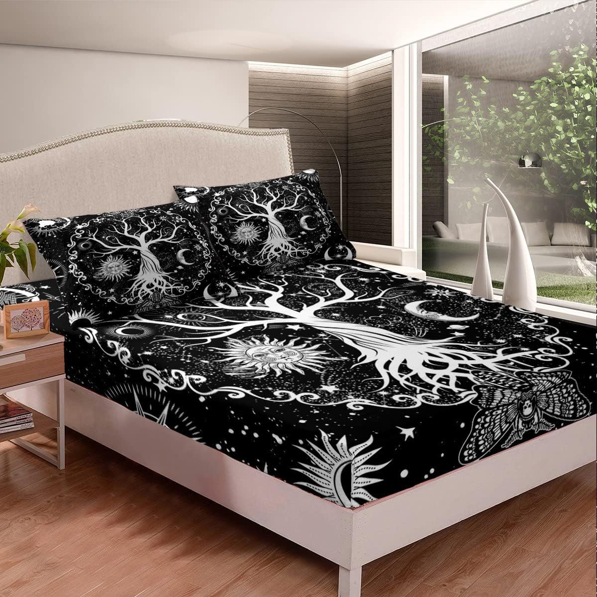 AMIPOR Tree Of Life Fitted Sheet Sun And Moon Bed Sheet, Boho Moth ...