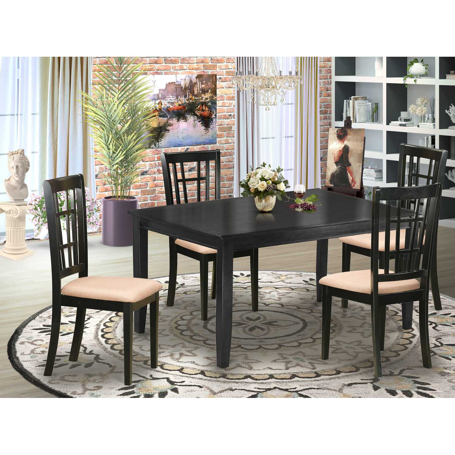 Red Barrel Studio 5-Piece Rectangle Black Finish Solid Wood Top Dining ...