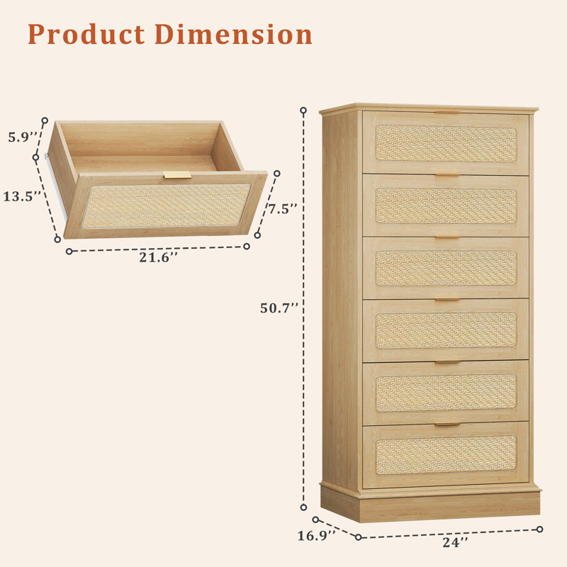 Bay Isle Home™ 6-drawer Wood Chest 51" Vertical Tall Dresser Rattan ...
