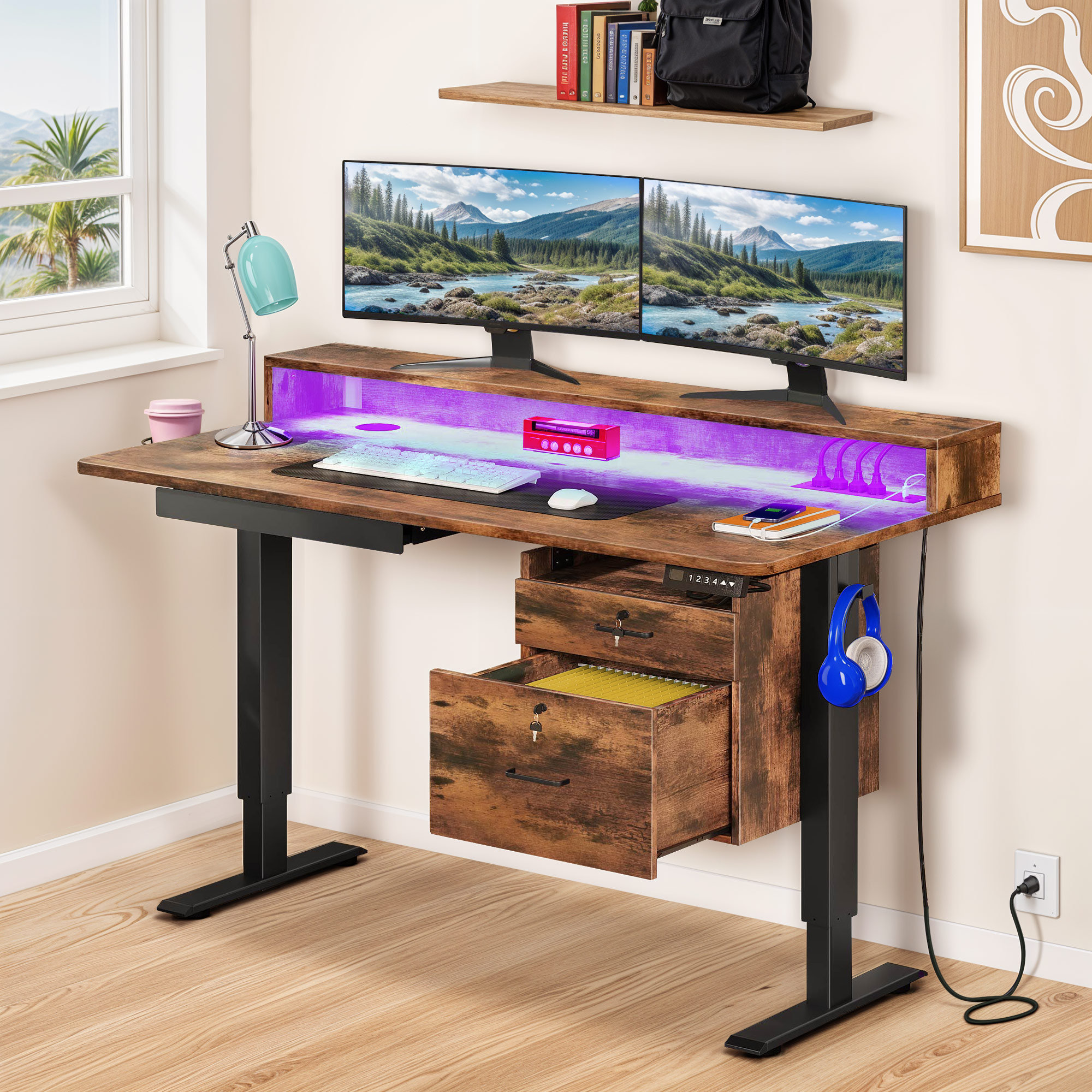 Wrought Studio™ Electric Height Adjustable Desk with Storage and Power ...