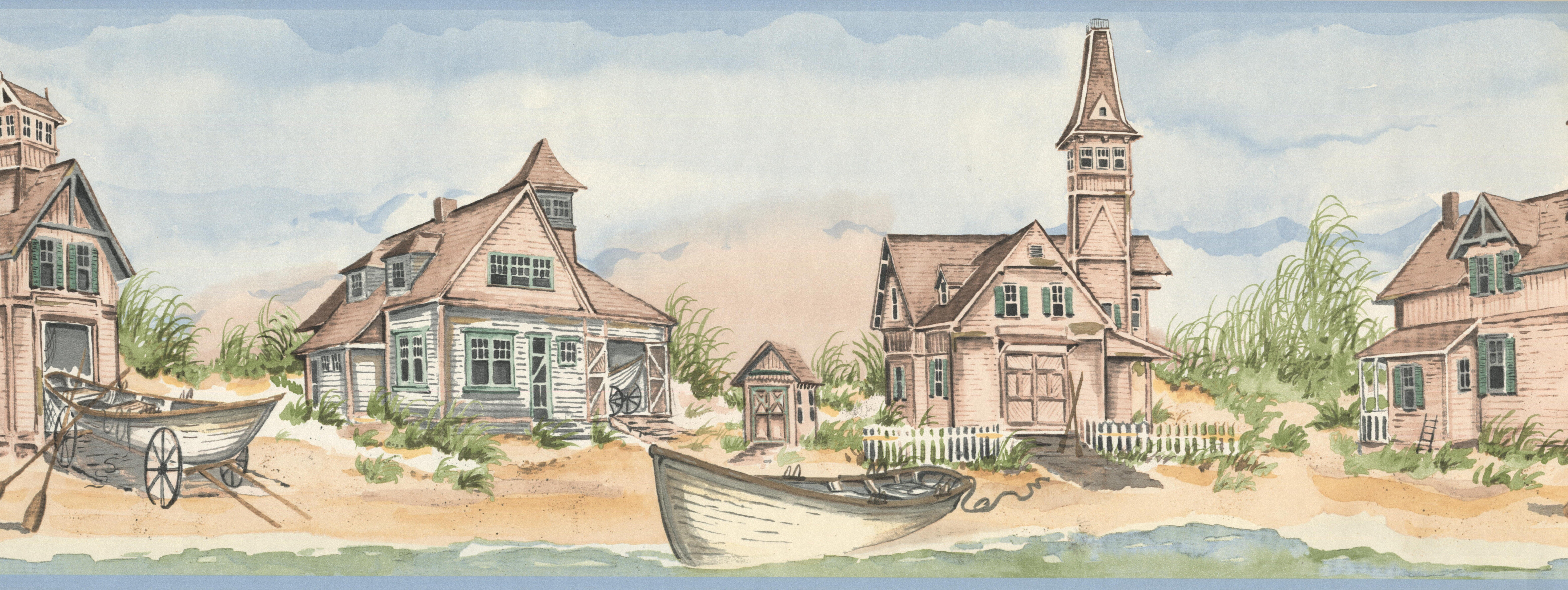 CONCORD WALLCOVERINGS ™ Village on Sandy Shore 15' L x 9" W Abstract ...