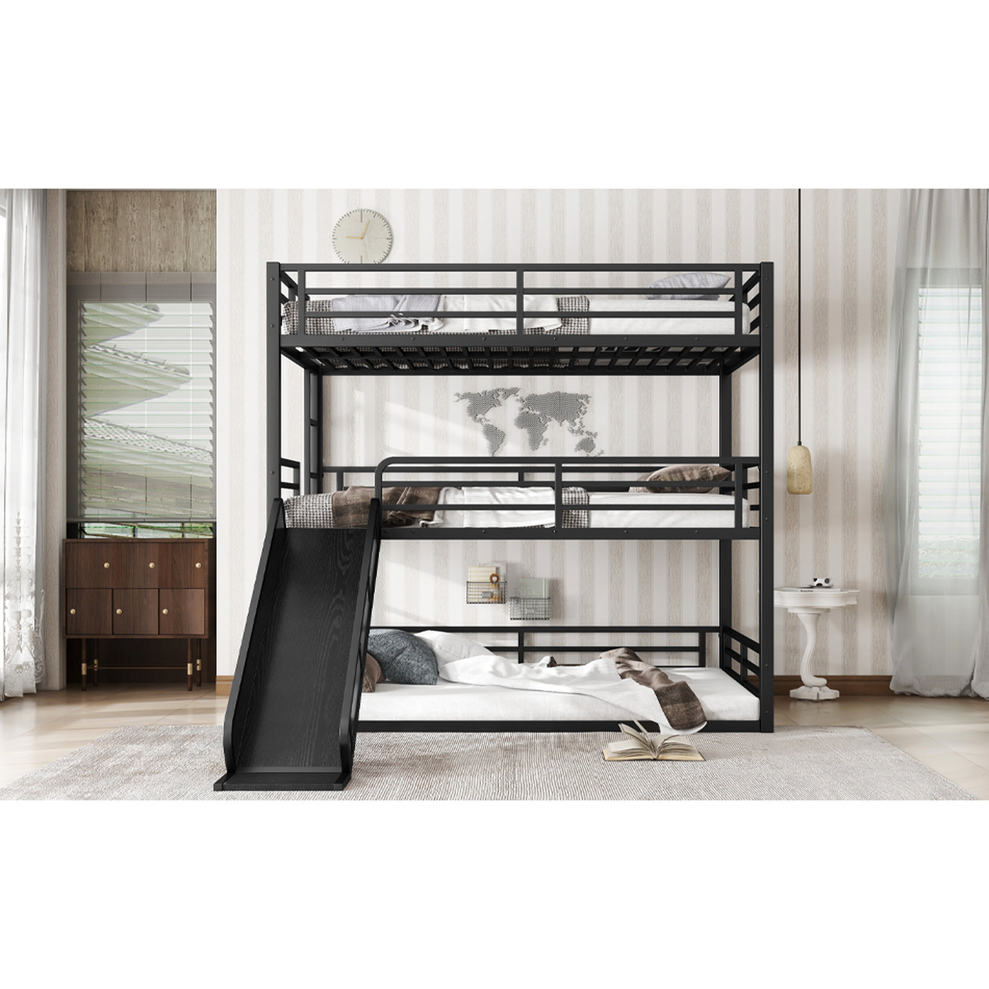 Ivy Bronx Black Metal Triple Bunk Bed, Slide For Fun - Packed ...
