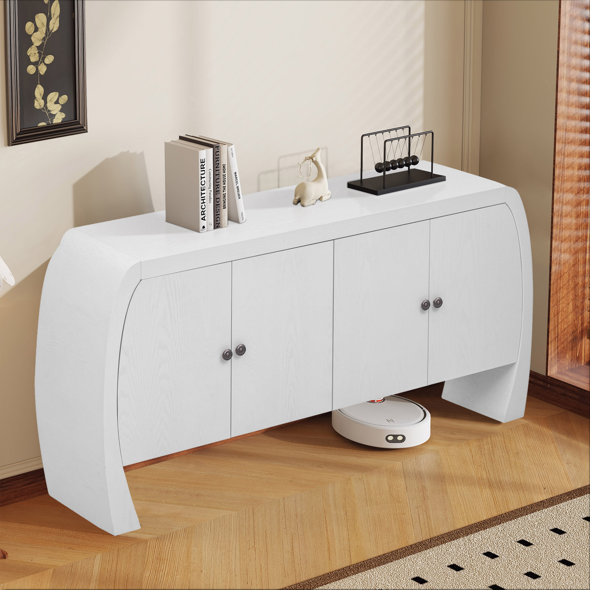 Latitude Run® Four-Door Ash Veneer Storage Cabinet with Curved Legs ...