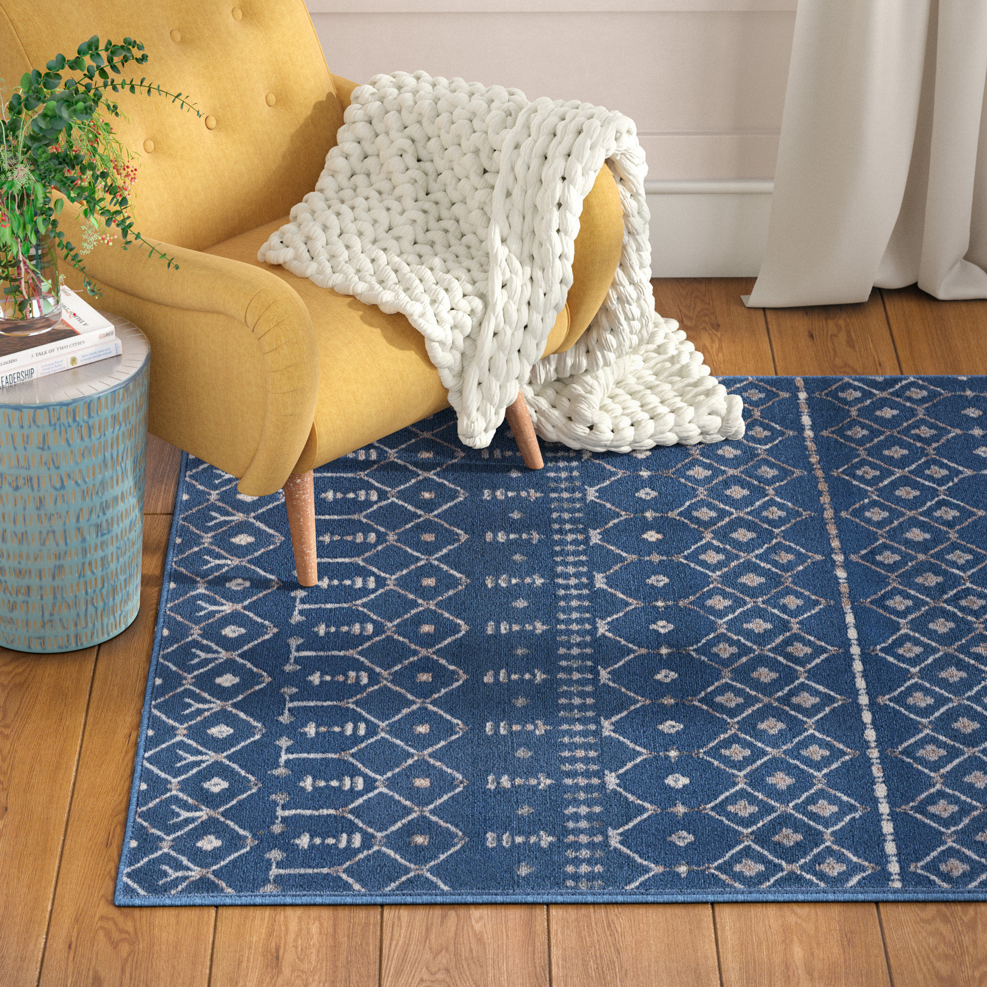 Millwood Pines Modern Farmhouse Moroccan Geometric Dark Blue Area Rug ...