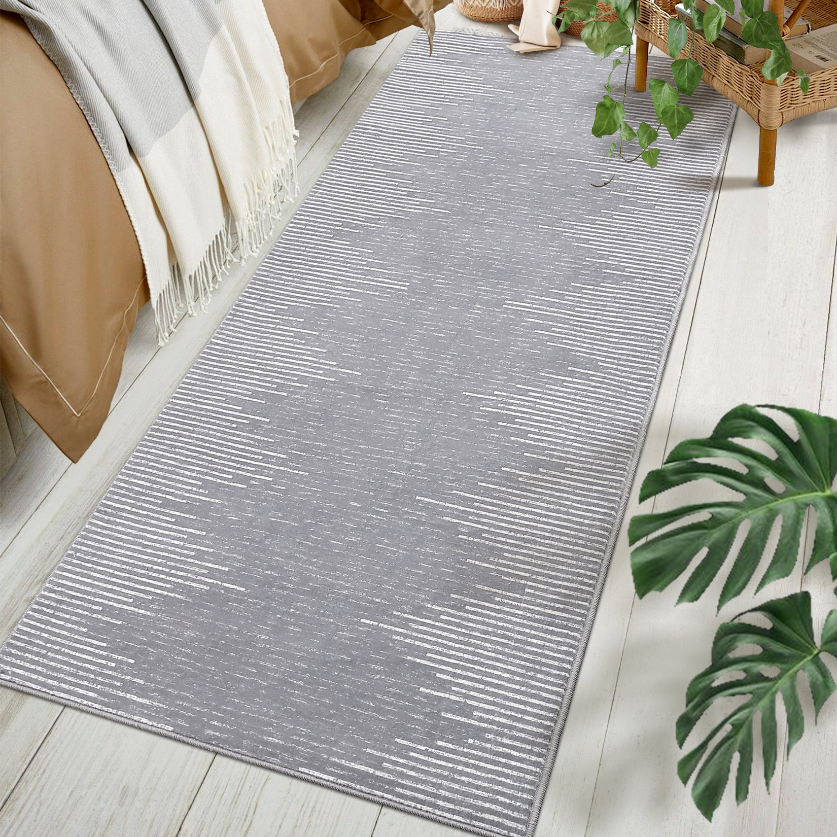 Ebern Designs Washable Bedroom Rug Geometric Striped Area Rug Soft Non ...
