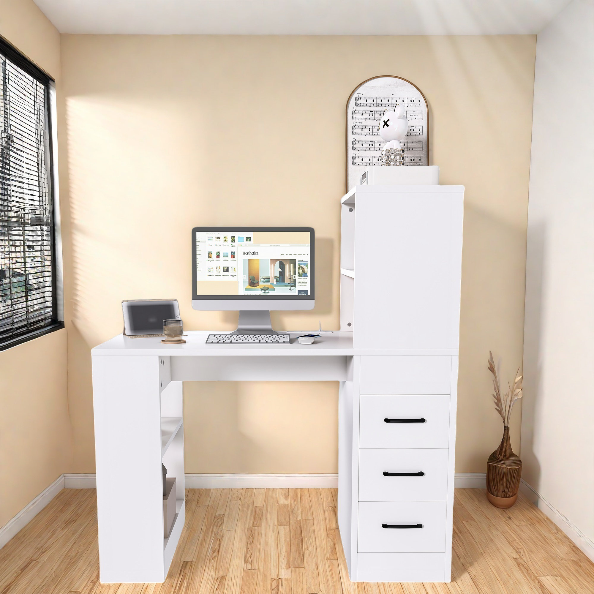 Ebern Designs Modern Computer Desk With 4-in-1 Socket, 3 Slide Drawers And 4 Storage Levels ...