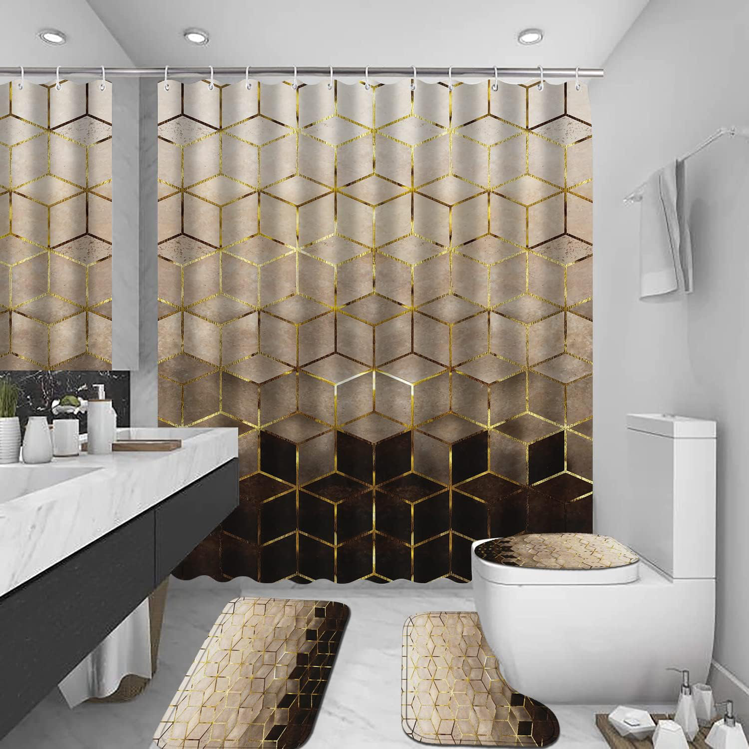 Mercer41 4Pcs Brown Gradient Shower Curtain Set, Modern Geometric ...