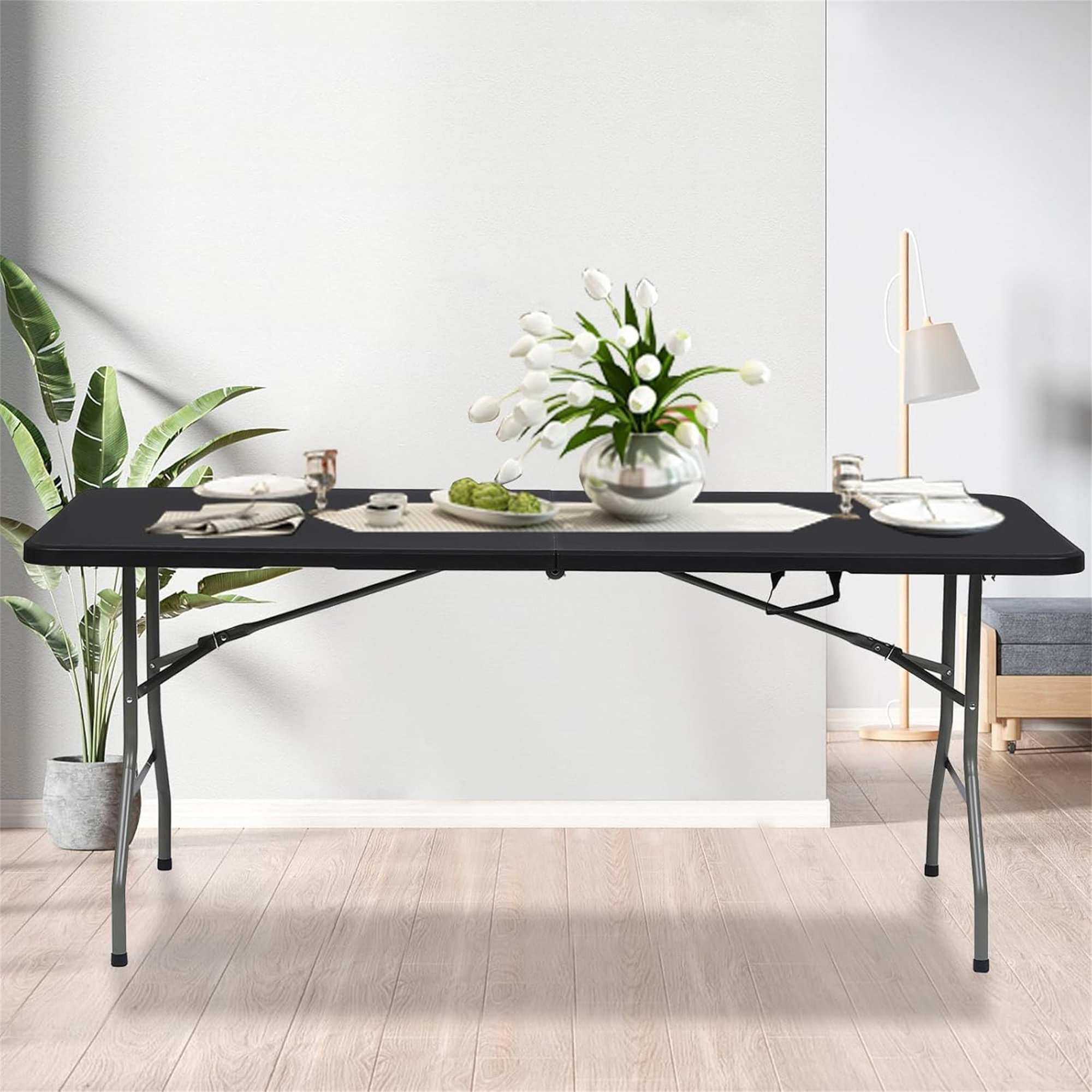 EXEBIL 8 Foot Folding Table with Carrying Handle - Portable Plastic ...