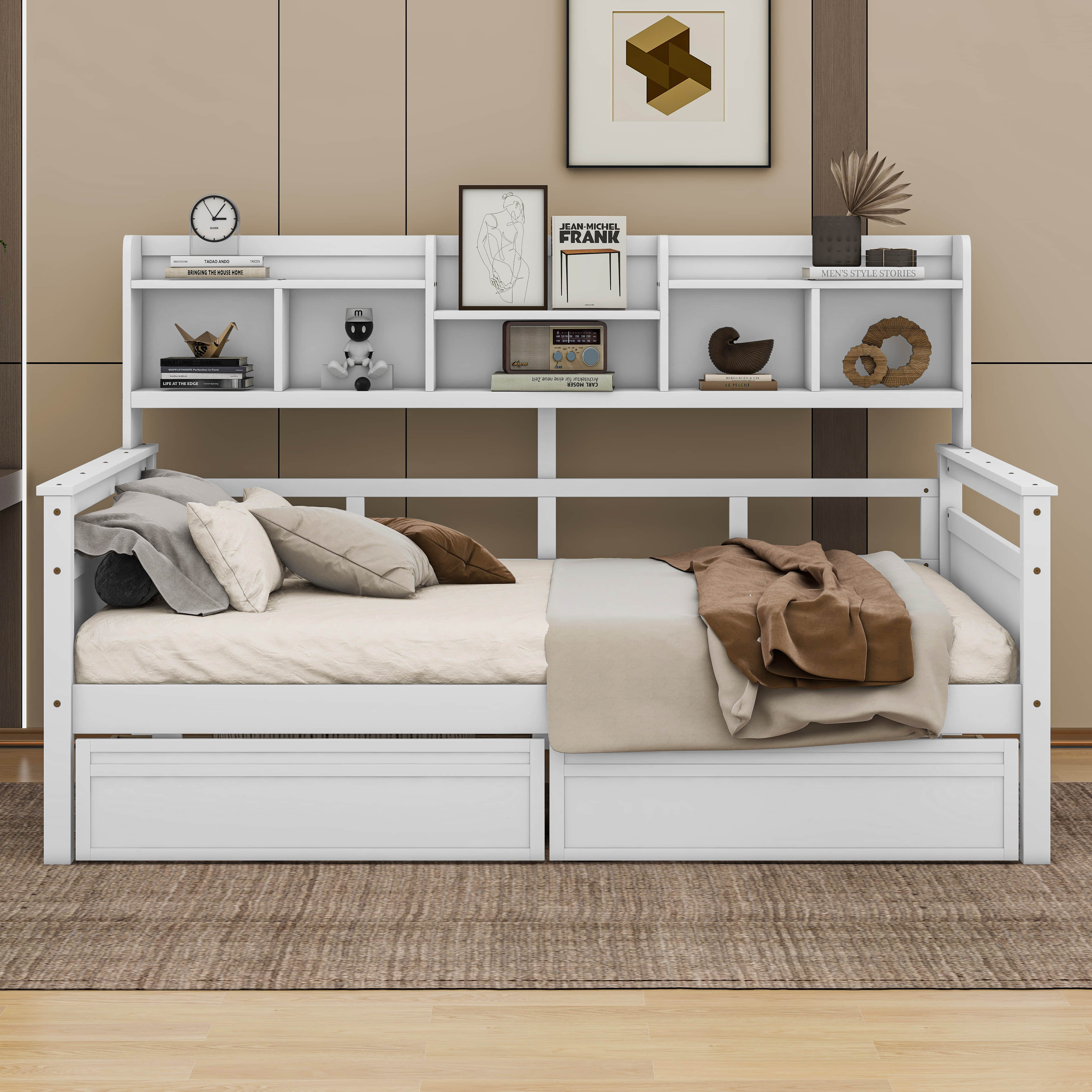 Cosmic Bookcase Wood Daybed with Bedside Shelf and Two Drawers ...