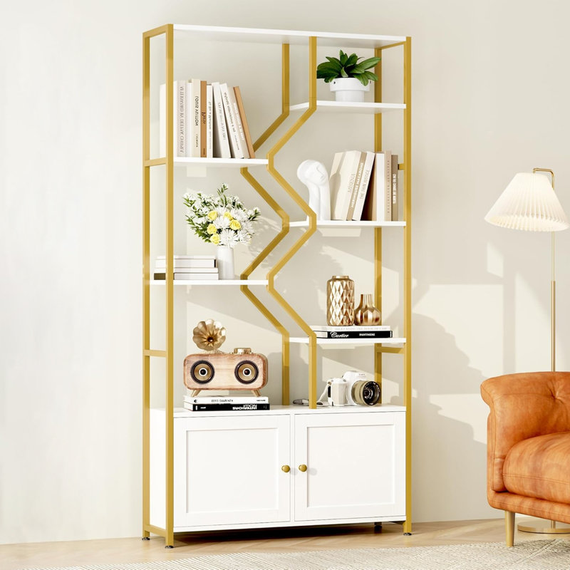 Mercer41 76" High Gold Bookcase with Cabinet Storage | Wayfair