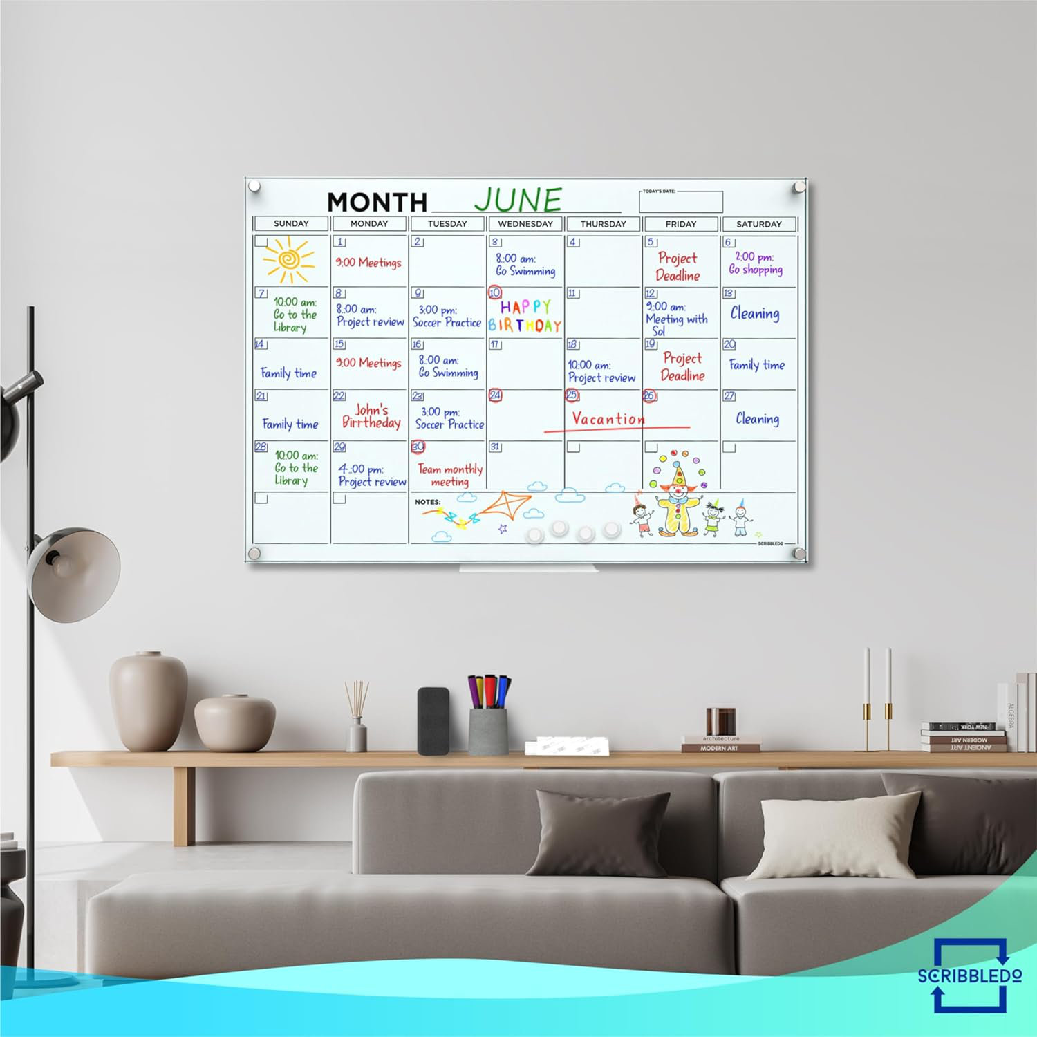 Scribbledo Magnetic 24”x36” Glass Whiteboard Calendar Planner White ...