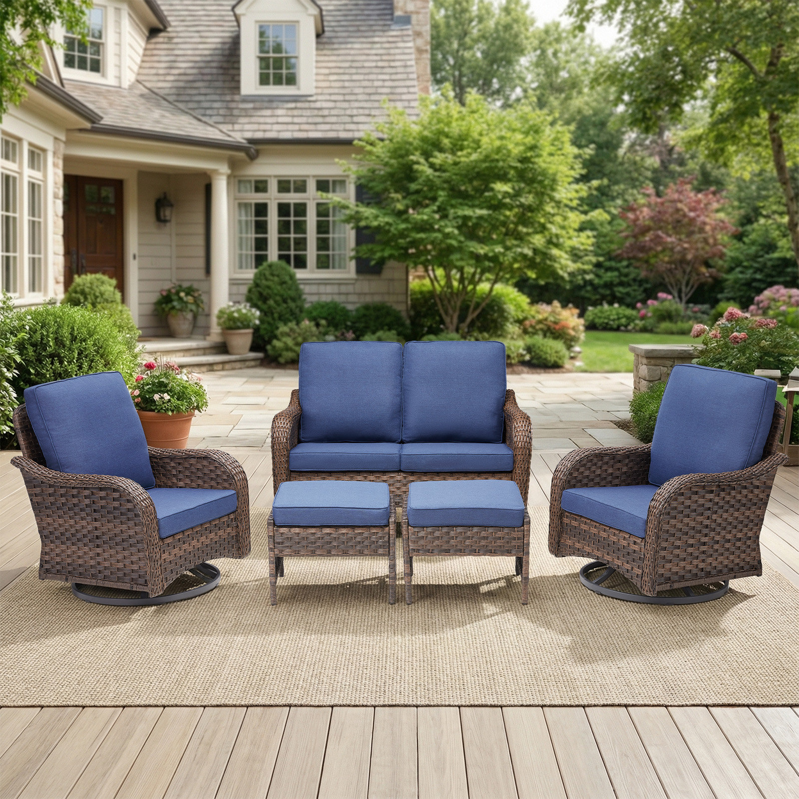 Red Barrel Studio® Arley 5-Piece Outdoor Patio Wicker Curved Arms ...