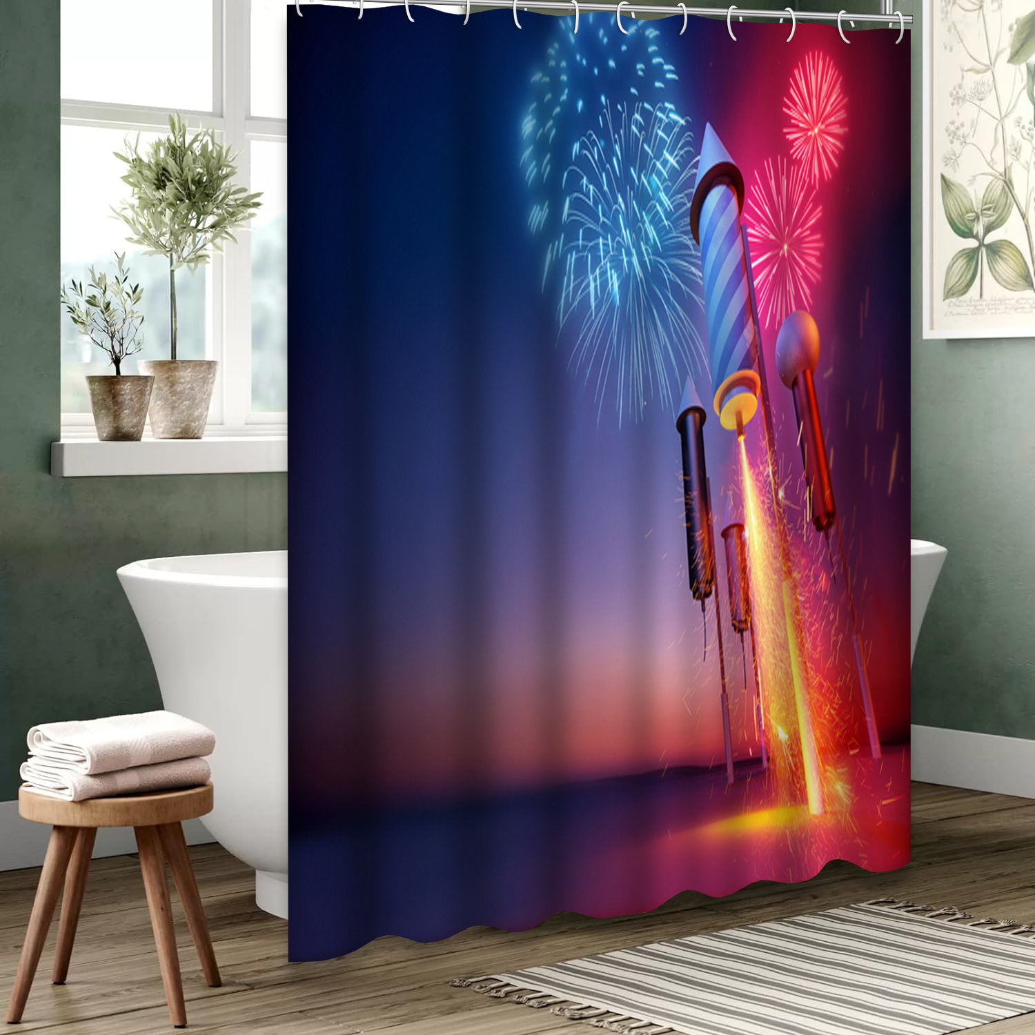 East Urban Home Firework Sparkle Waterproof Shower Curtain with 12 ...