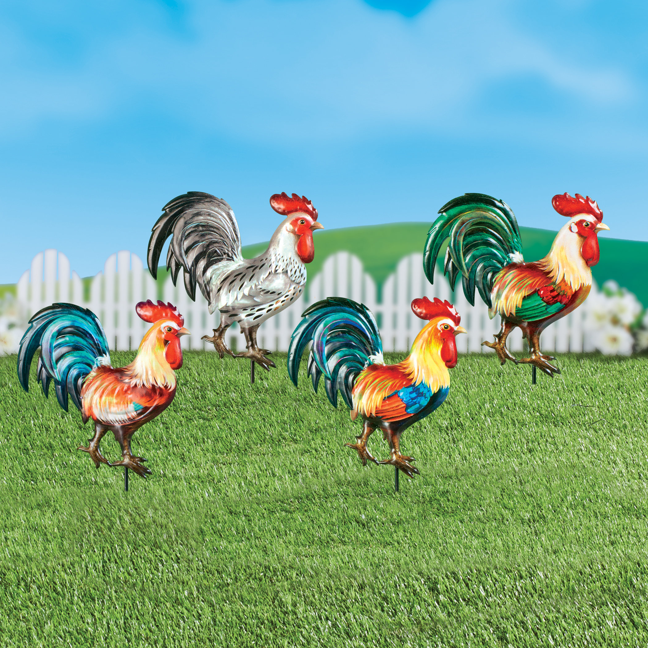 Arlmont & Co. Realistic Colourful Rooster Garden Stakes - Set of 4 ...