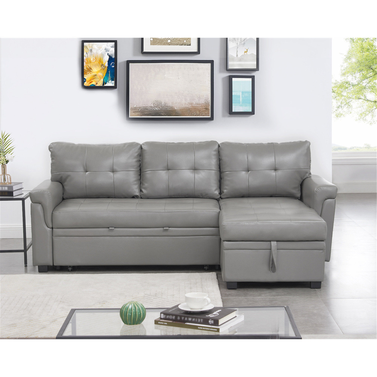 Ebern Designs Fane L-Shaped 84" Air Leather Sleeper Reversible Sofa ...