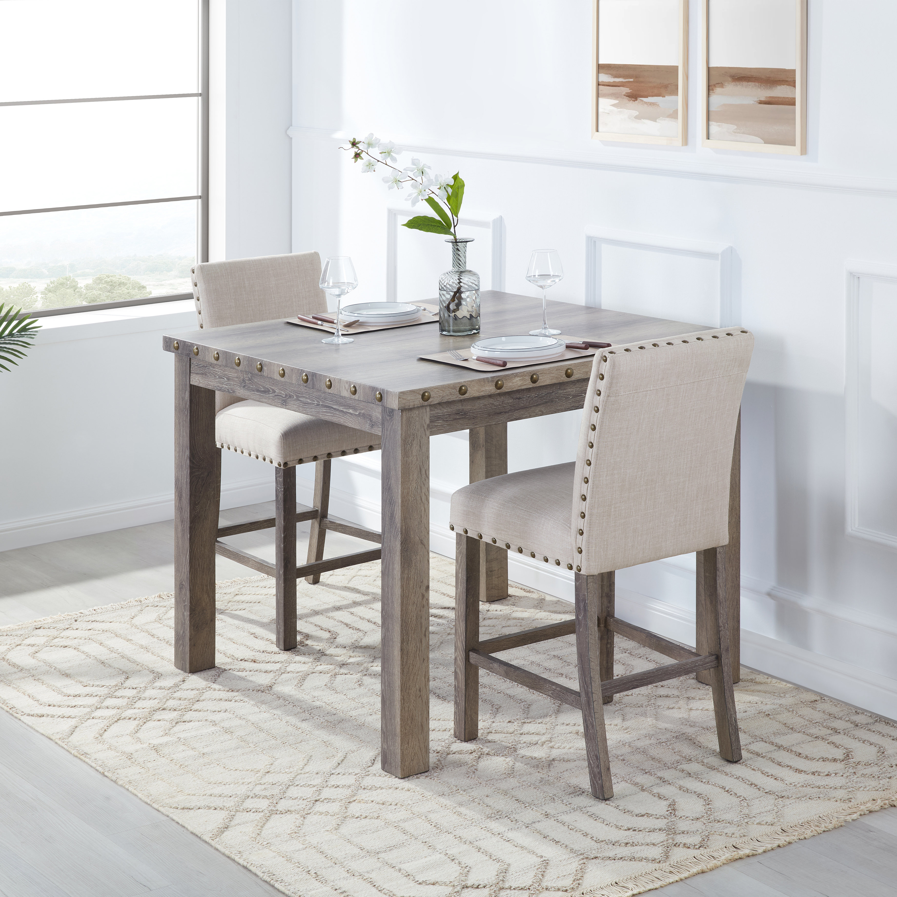 Gracie Oaks 3-Piece Farmhouse Dining Table Set, Counter Height Dinette ...