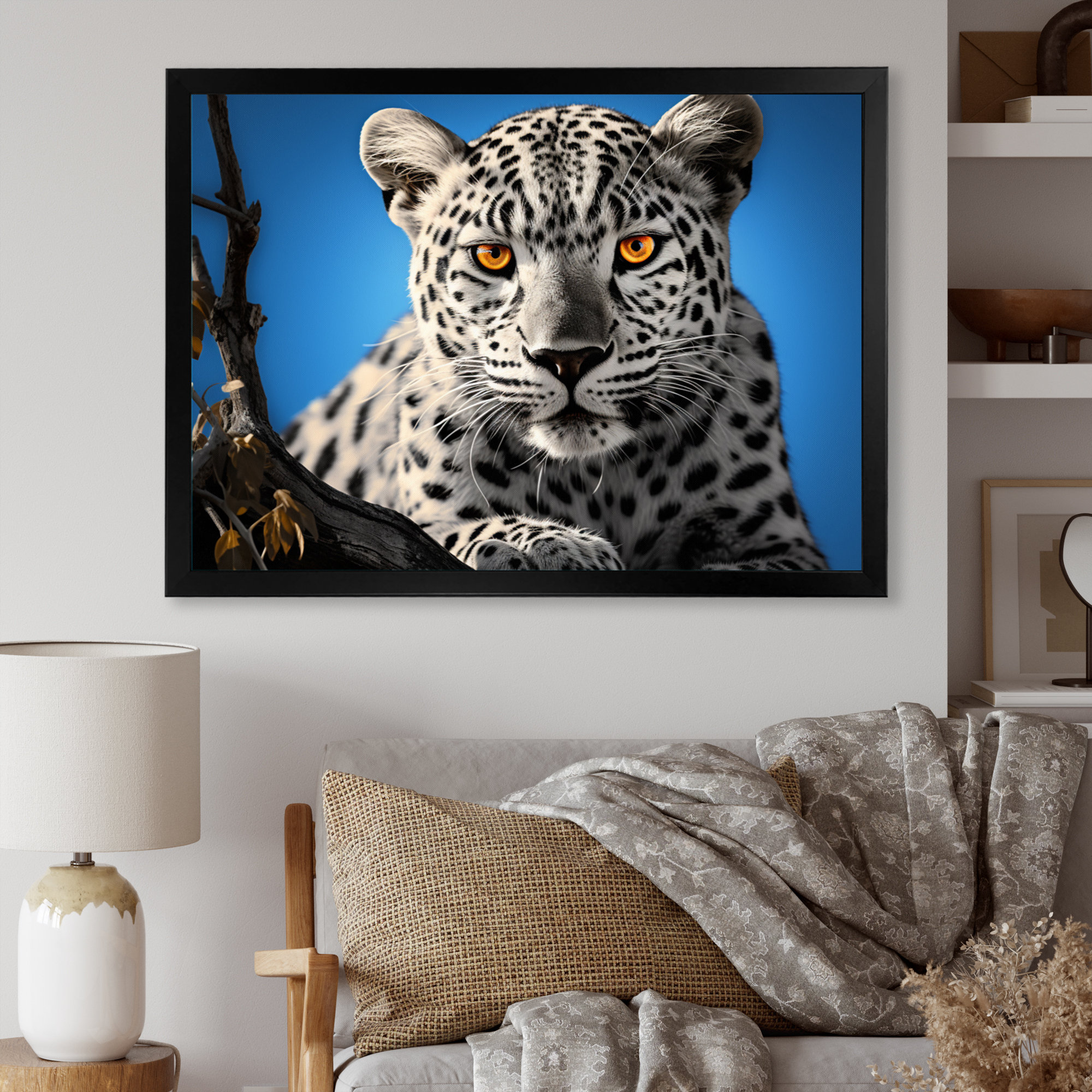 Latitude Run® Blue Monochrome Leopard Portrait Framed On Canvas Print ...