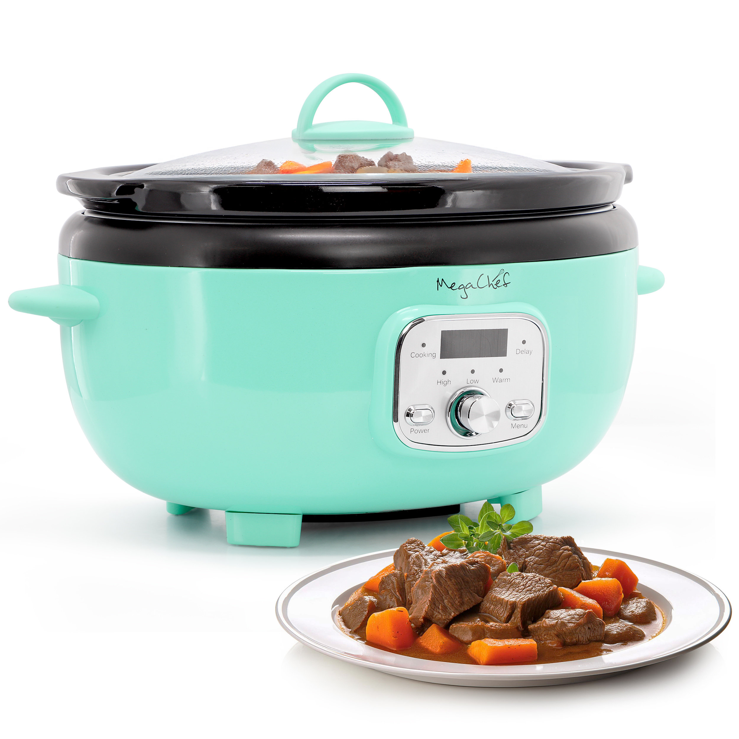 MegaChef 6.5 Liter Oval Electric Slow Cooker in Turquoise with Black ...