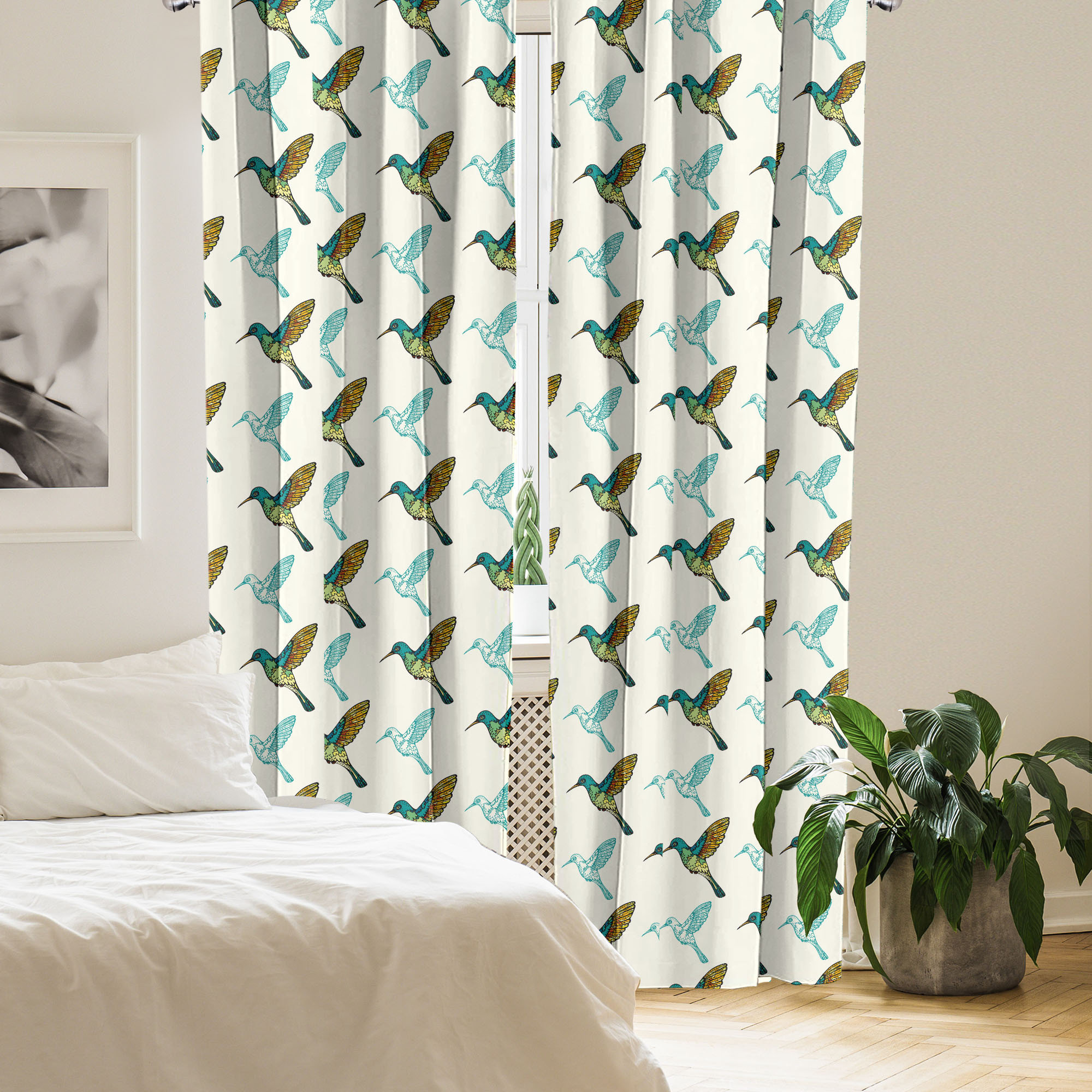 East Urban Home Bird 4-Panel Curtains, Colorful Hummingbirds, Ivory ...