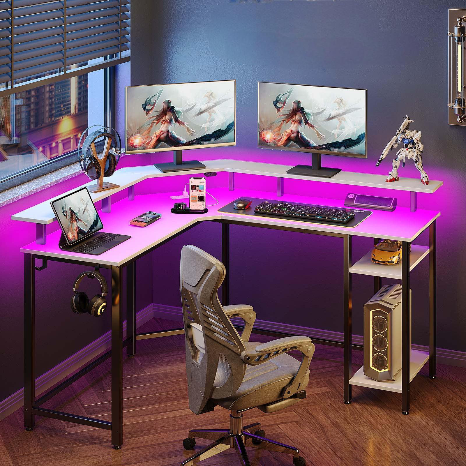 Ivy Bronx L Shaped Gaming Desk With LED Lights & Power Outlets,Computer ...