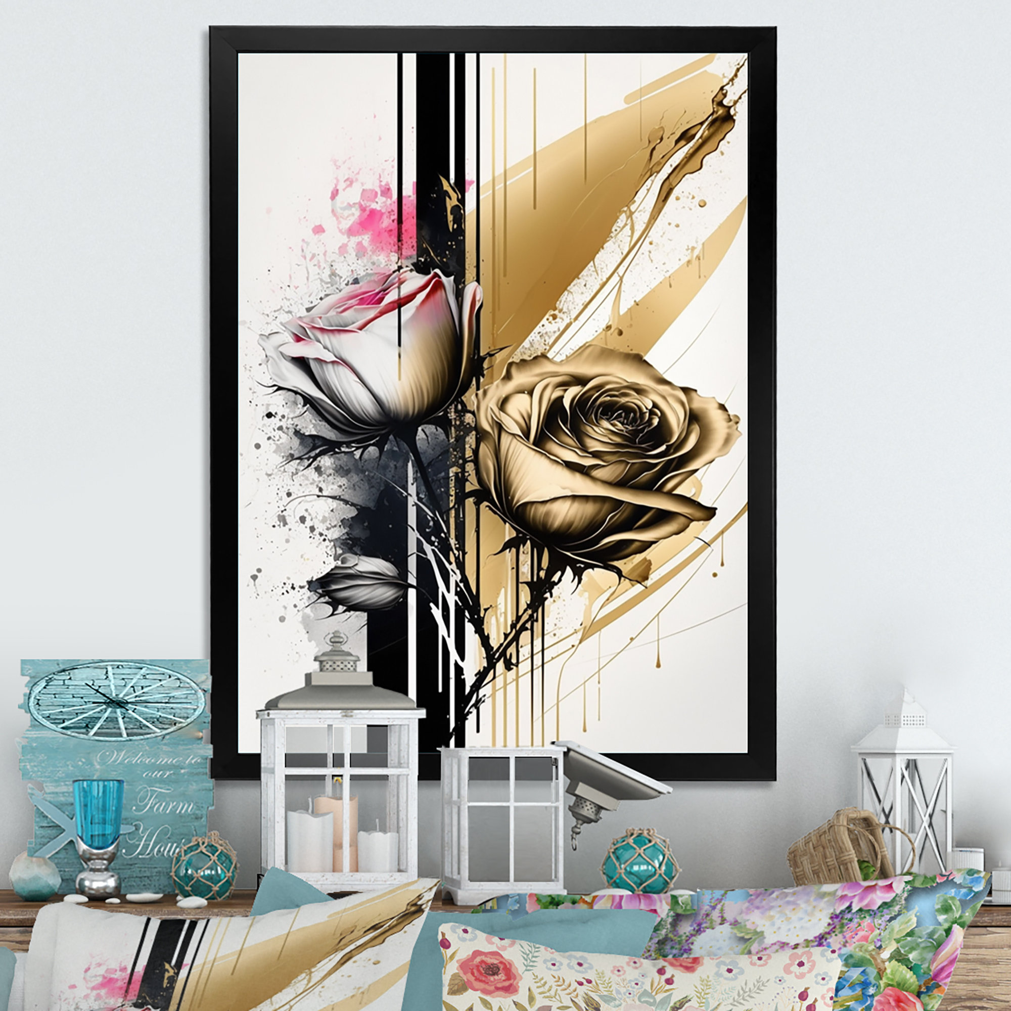 House of Hampton Roses Flow Flower On Golden Beige Paint V - Floral ...