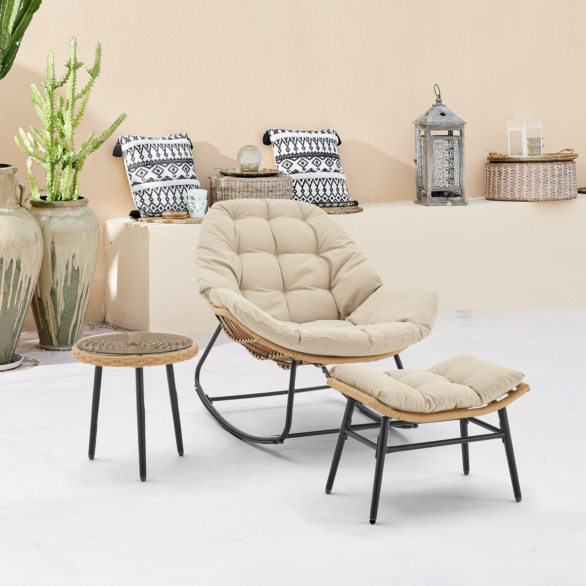 Winston Porter Benson Modern 3-Piece Patio Rocking Chair with Ottoman ...