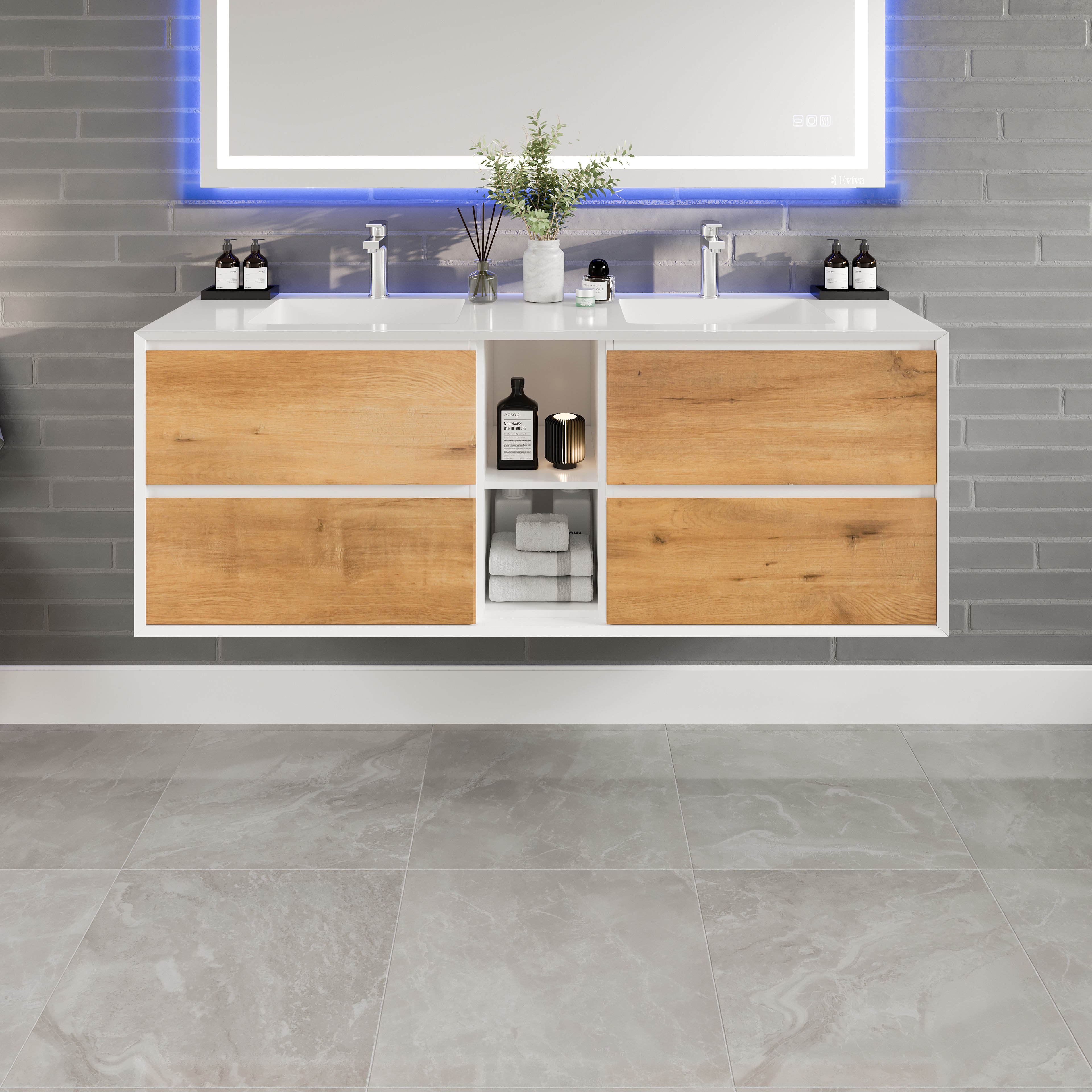 Eviva Vienna 60 In. Oak Wall Mount Double Sink Bath Vanity With Acrylic ...