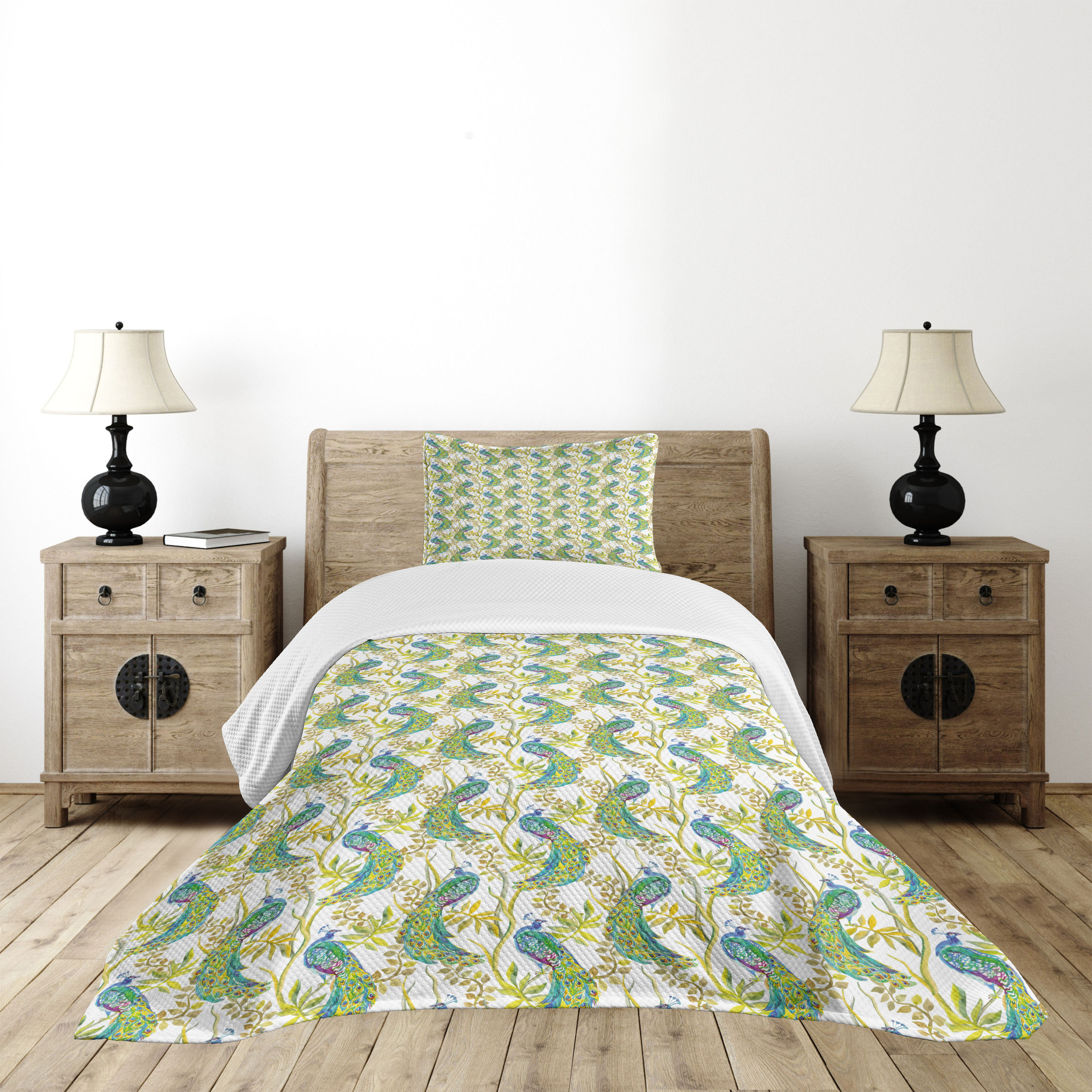 Ambesonne Peacock Bedspread Set Vivid Birds on Branches Multicolor ...
