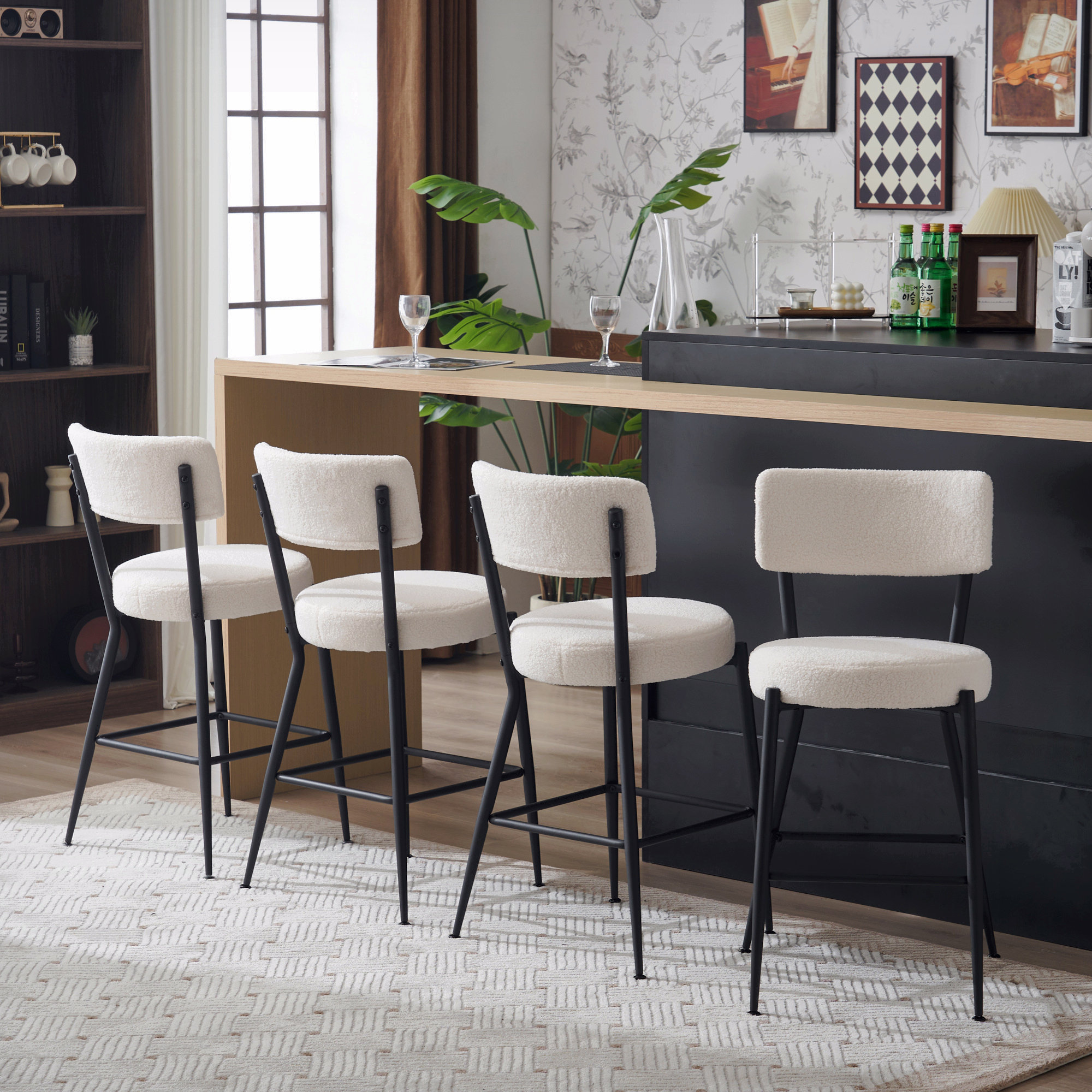 Mercer41 Set Of 4 Modern Teddy Fabric Upholstered Bar Stools - Metal ...