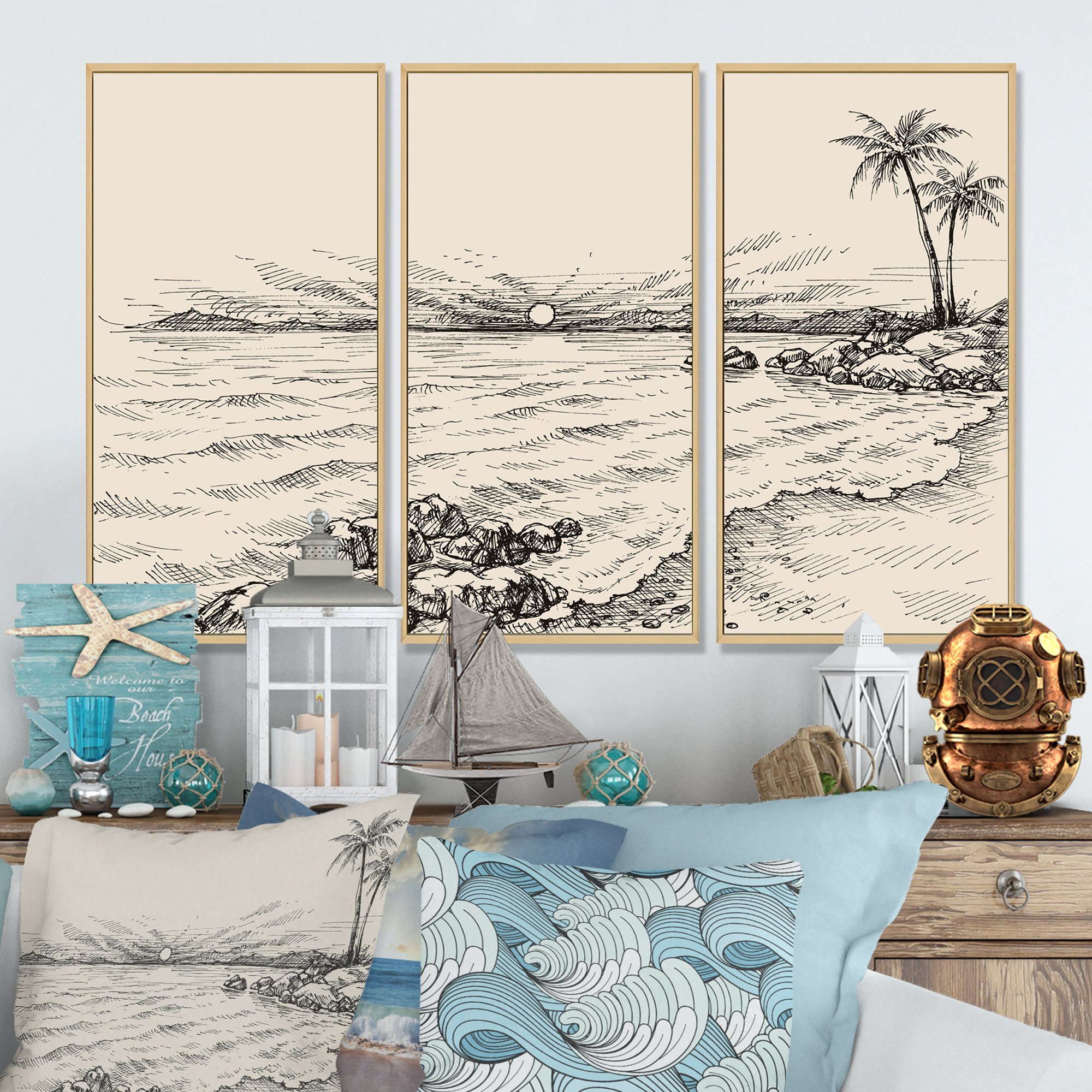 Winston Porter Vintage Sea View And Palm Trees On Shore - Nautical ...