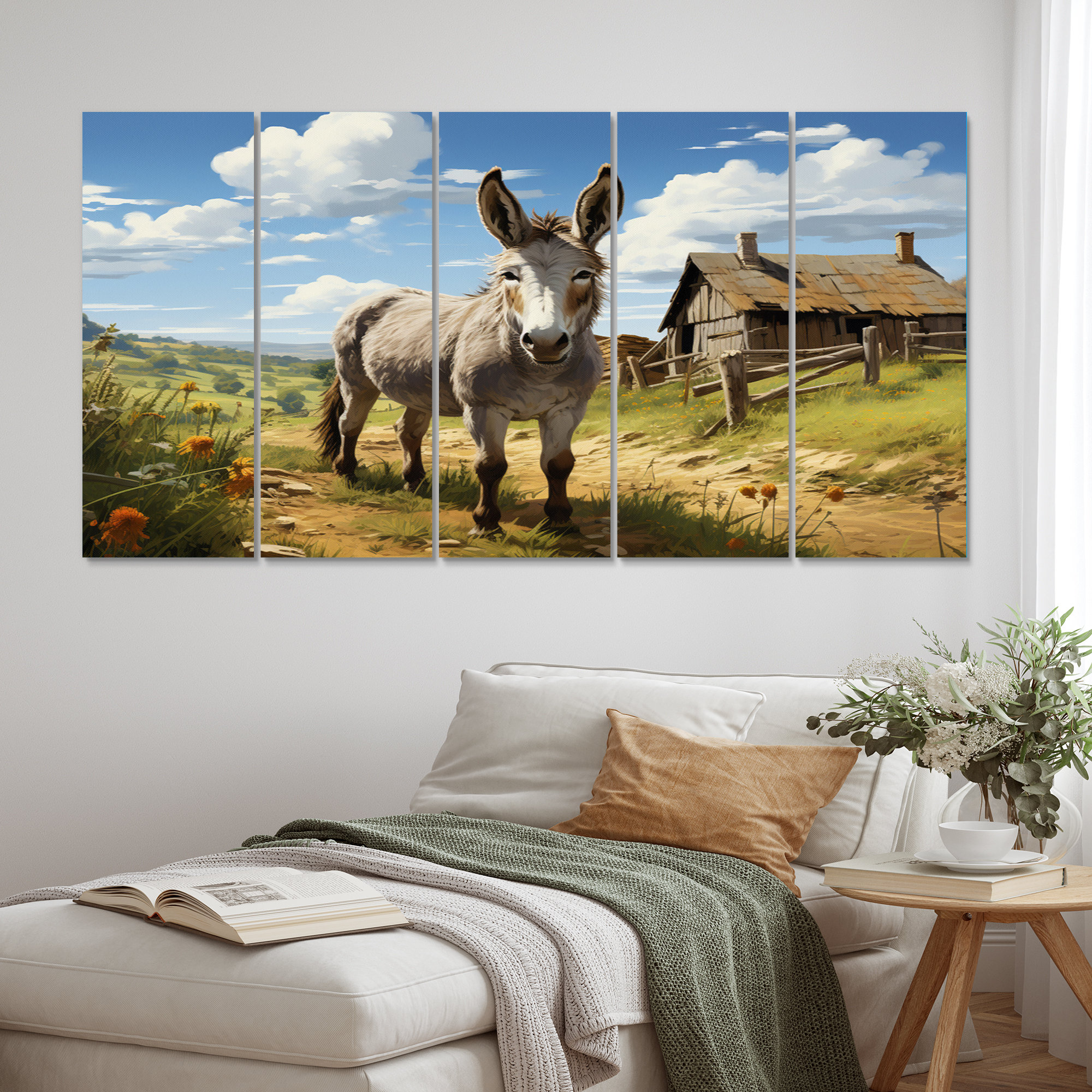 Design Art Donkey Day At Farm I - Animals Canvas Wall Art - 5 Equal ...