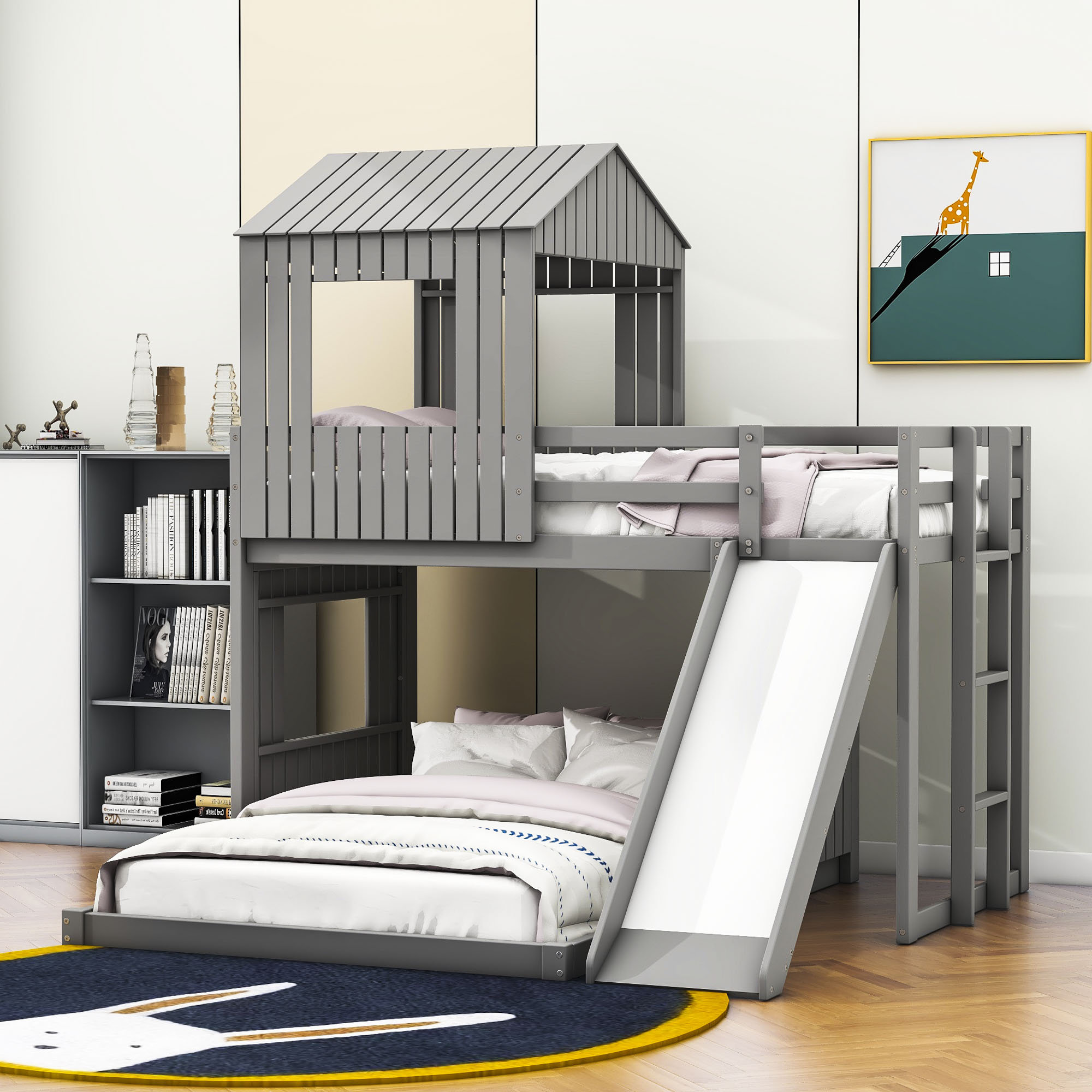 Harper Orchard Twin Over Full Wooden L-Shaped Bunk Beds With Slide And ...