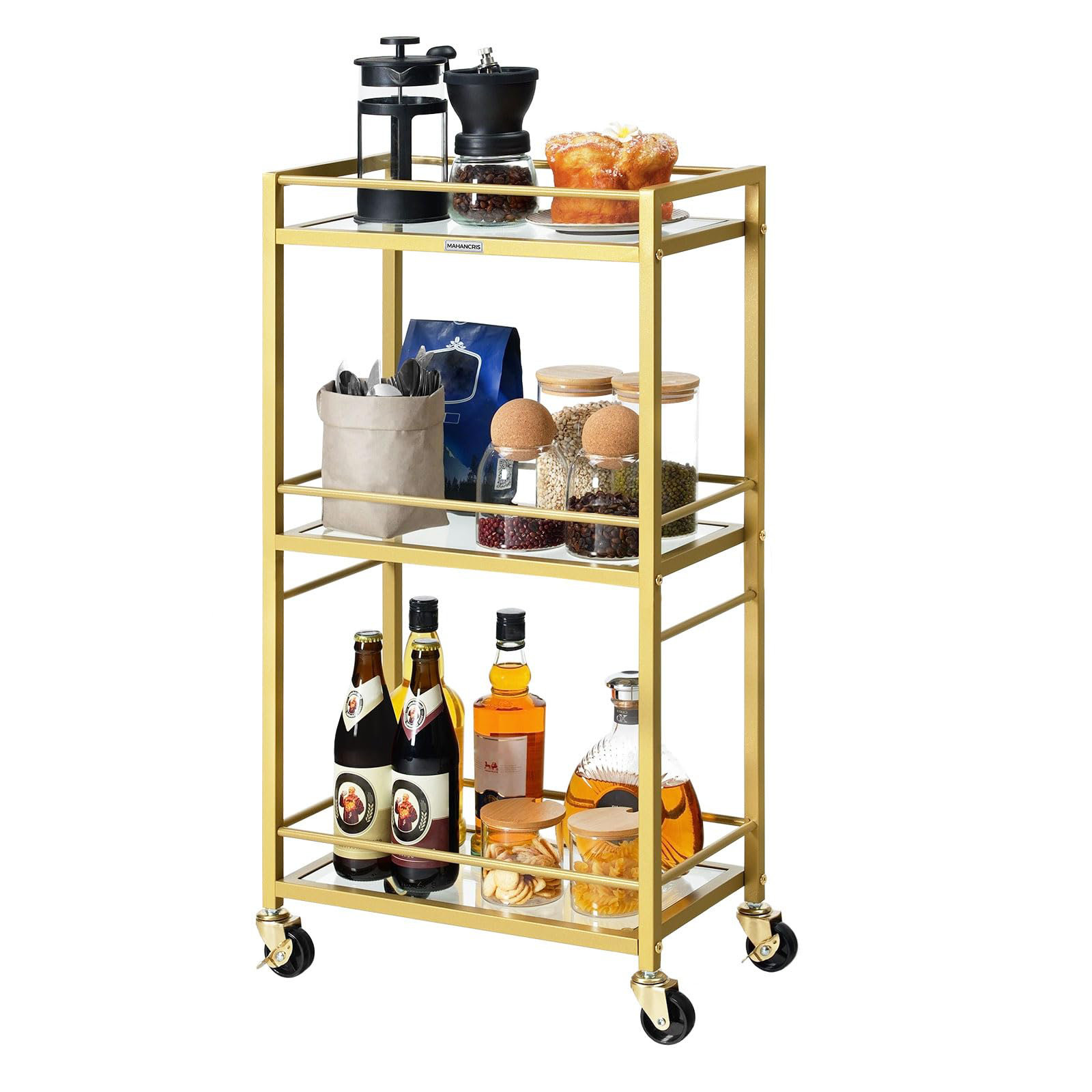 Mercer41 Noyal 3-Tier Glass Gold Bar Serving Cart on Wheels | Wayfair