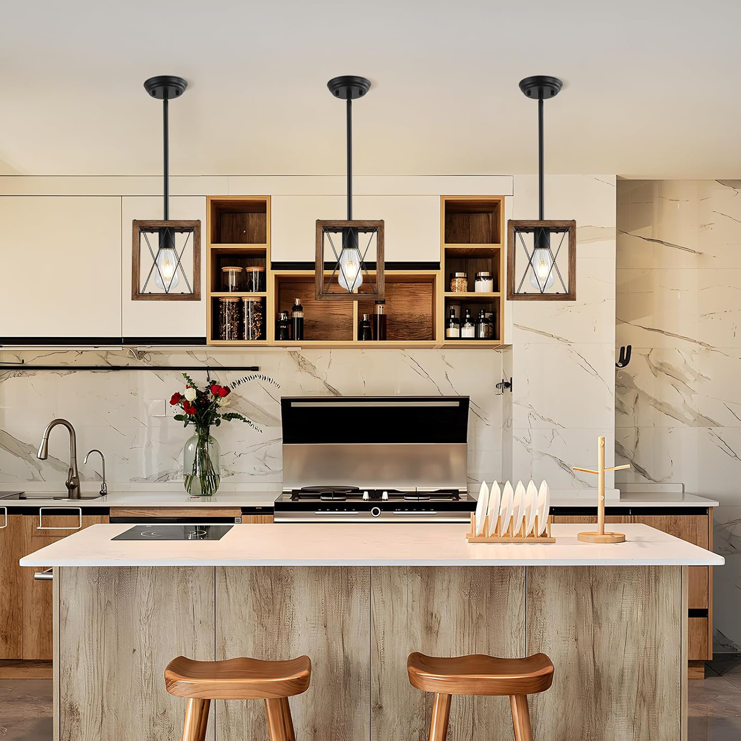 Gracie Oaks Farmhouse Pendant Light with Metal Cage,1 Light,39 Inch Adjustable Rods,2 Pack ...