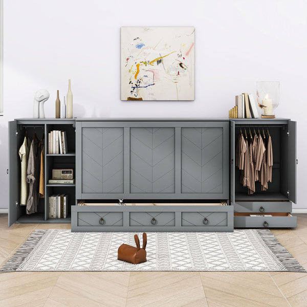 Longshore Tides Queen Wood Murphy Bed with Function Cabinets and Built ...