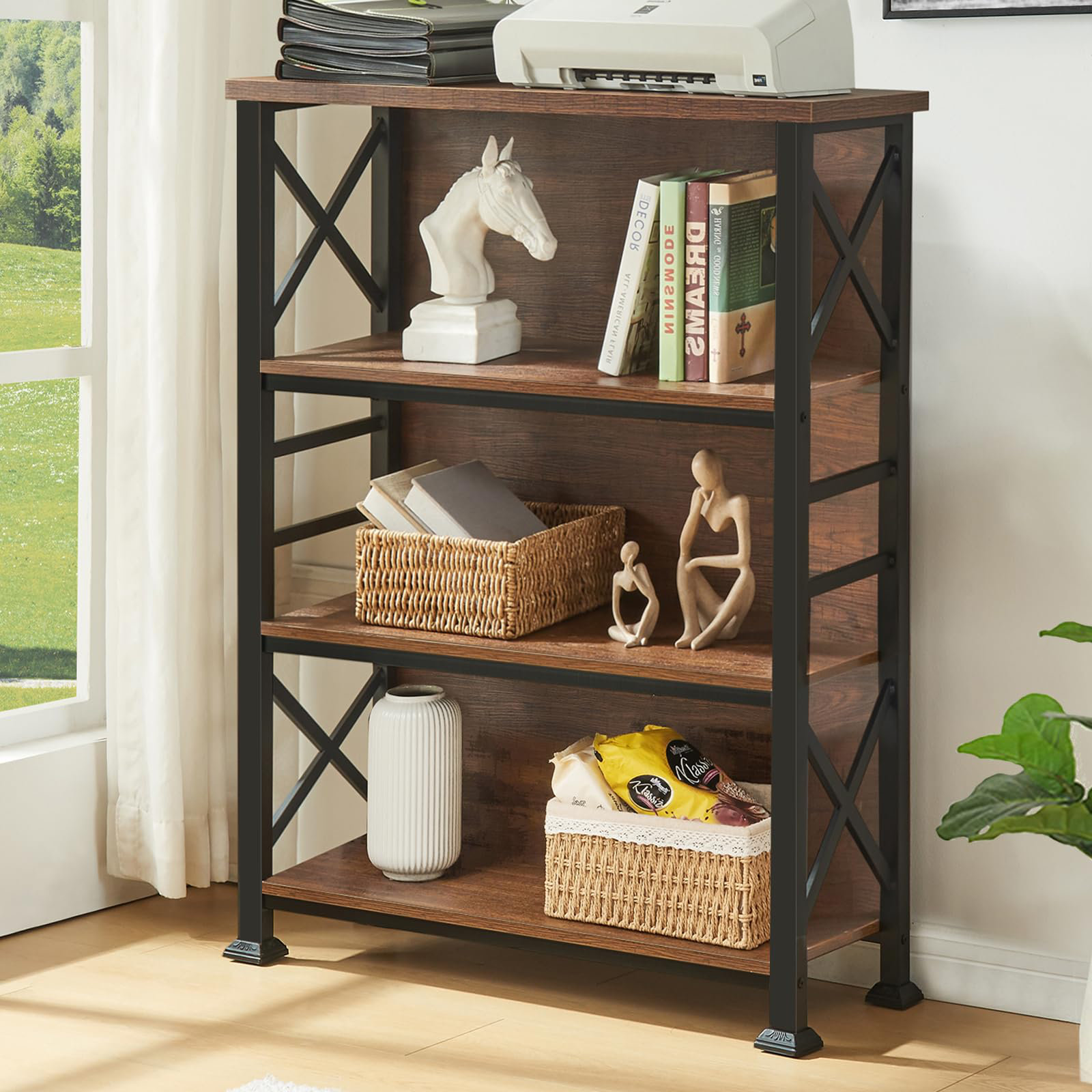 17 Stories Four-Shelf Low-Profile Bookcase With Metal Frame And Back ...